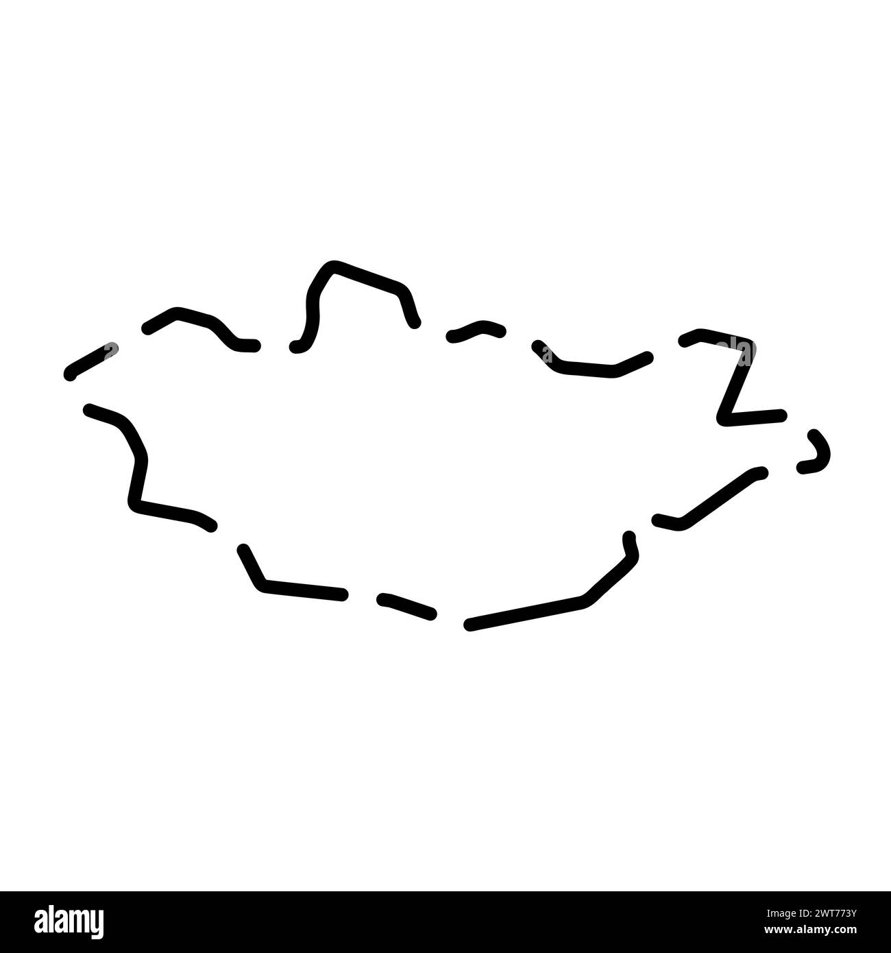 Mongolia country simplified map. Black broken outline contour on white ...