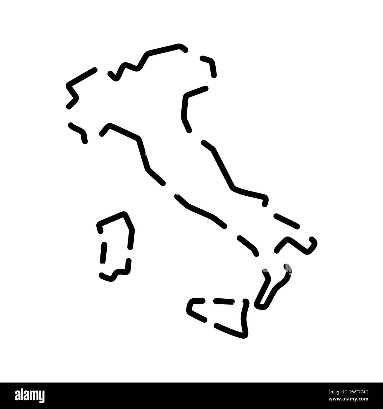 Italy country simplified map. Black broken outline contour on white ...