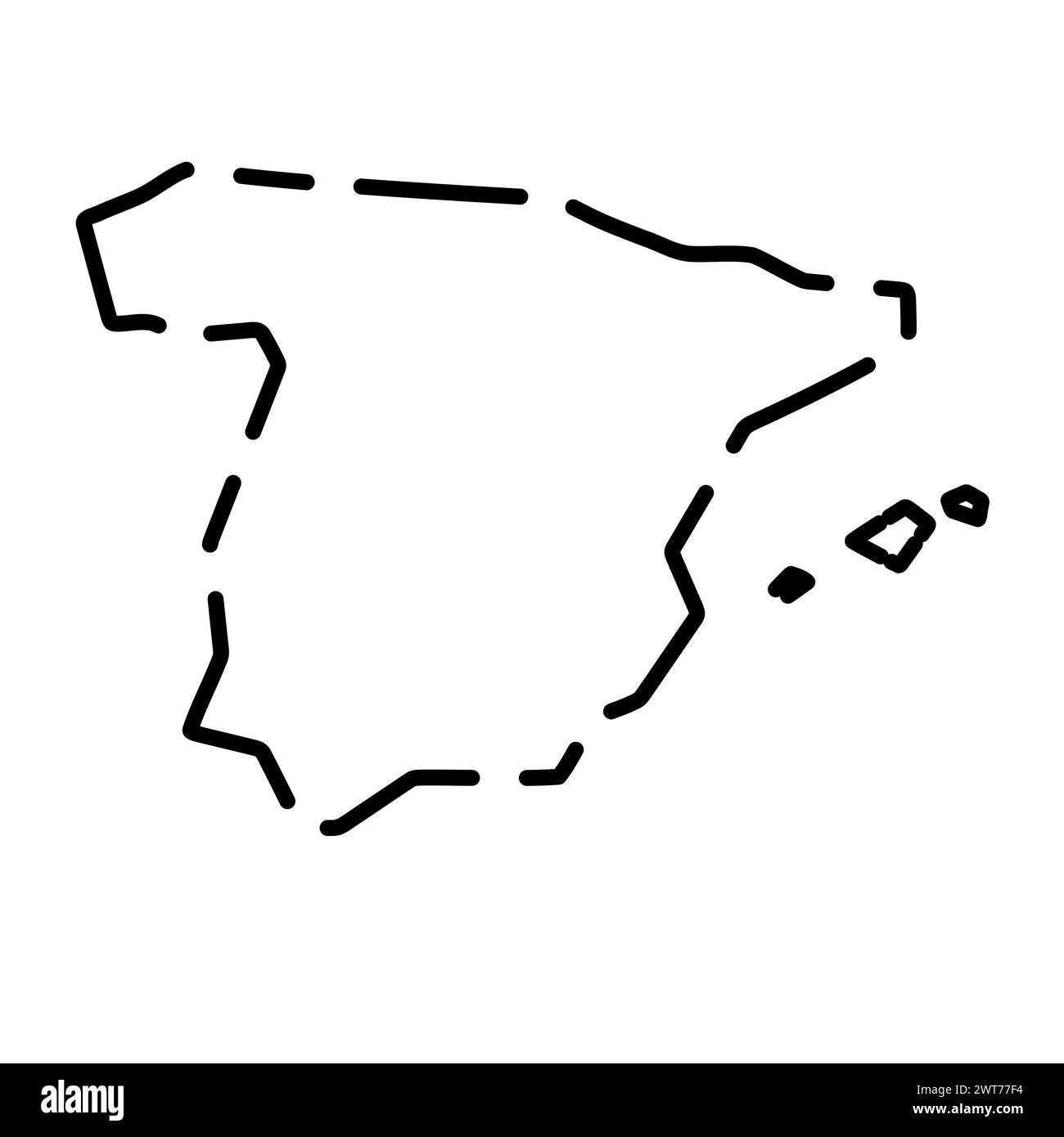 Spain country simplified map. Black broken outline contour on white ...