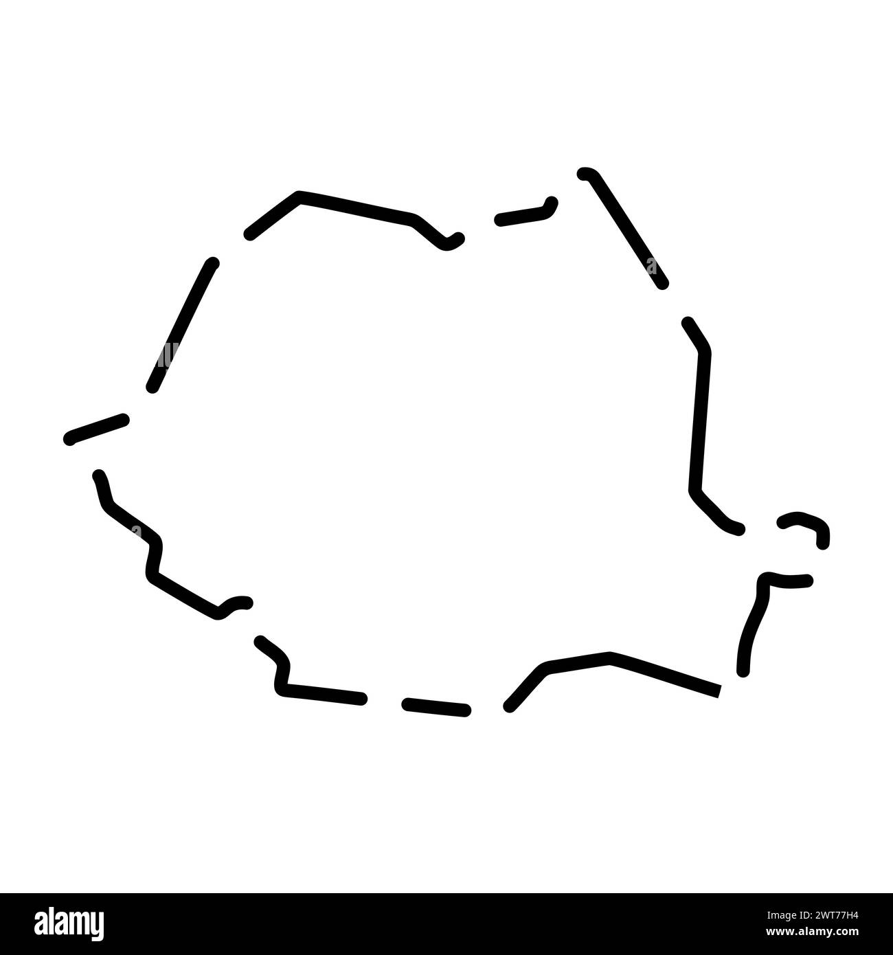 Romania country simplified map. Black broken outline contour on white ...