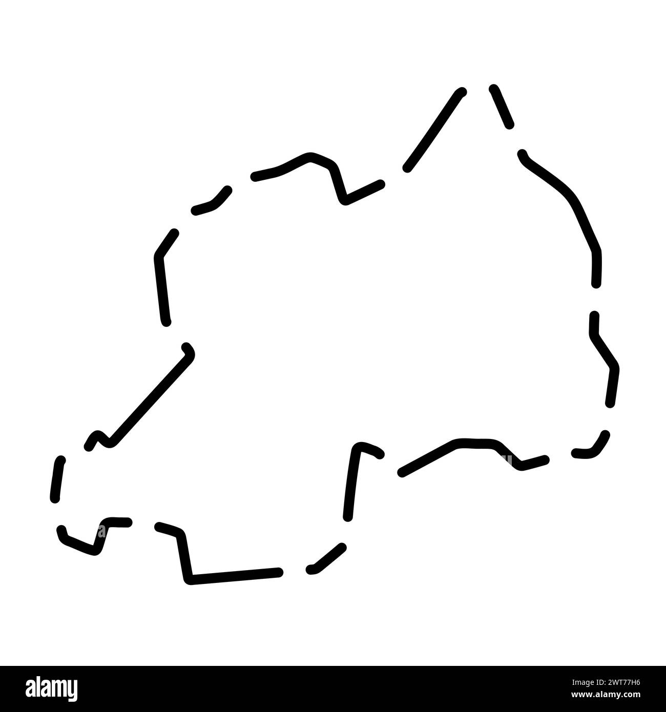 Rwanda country simplified map. Black broken outline contour on white ...