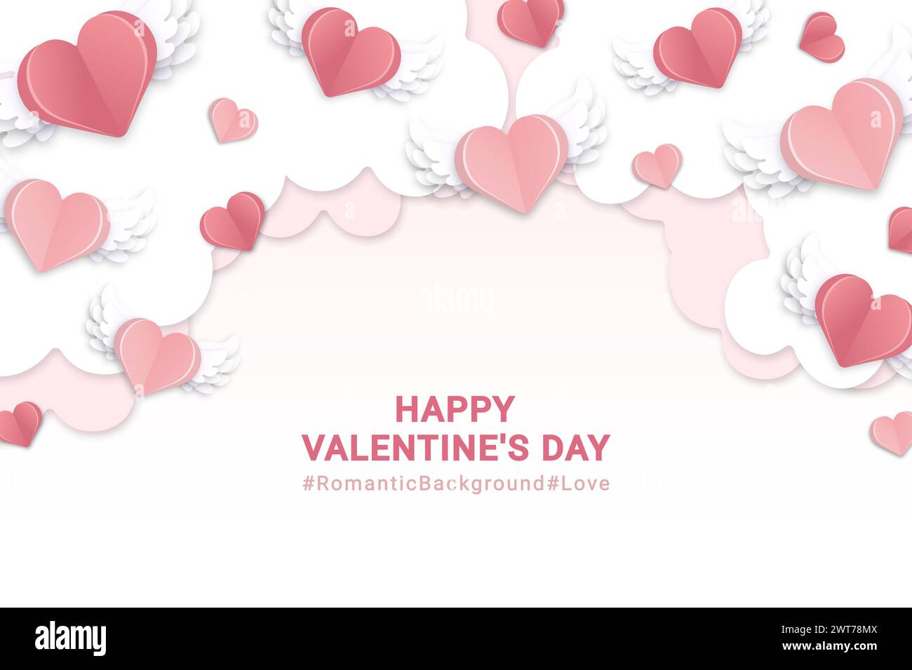romantic pink background with hearts with wings located at the top in ...