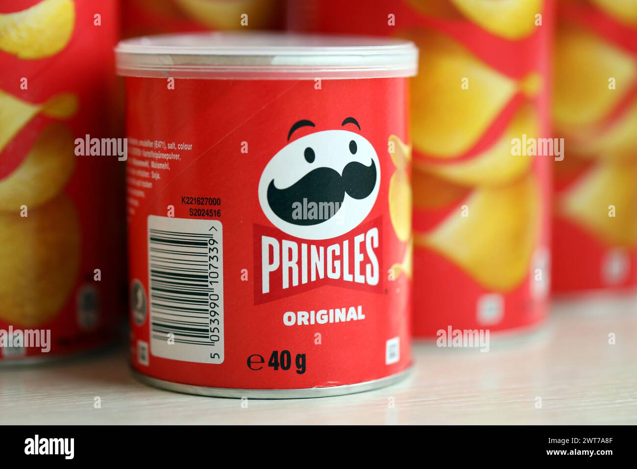 KYIV, UKRAINE - FEBRUARY 27, 2024 Pringles original potato chips on ...