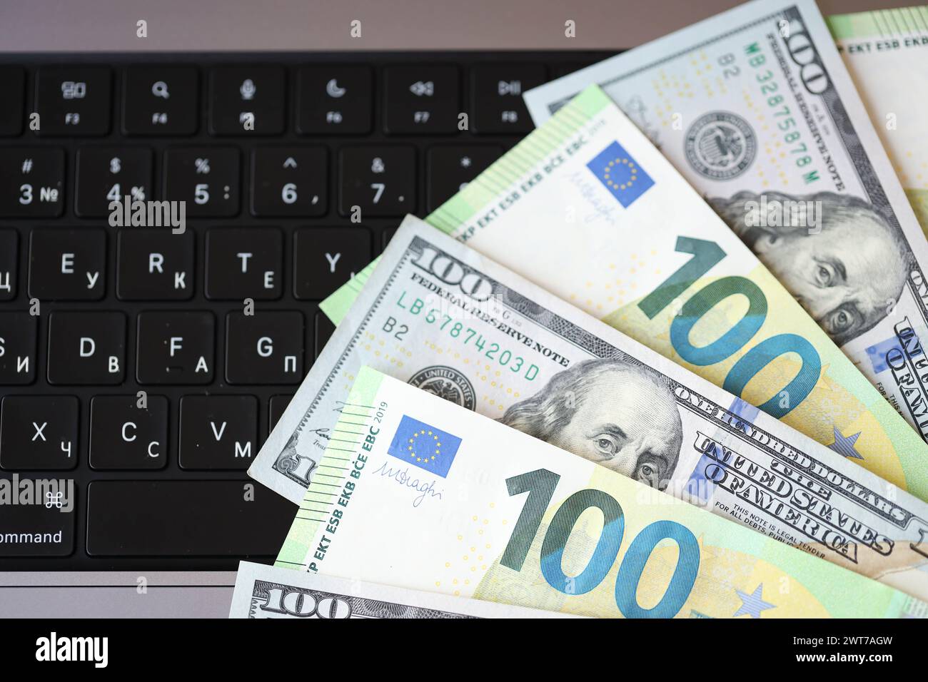 KYIV, UKRAINE - FEBRUARY 28, 2024 US Dollar and EU Euro money bills in ...