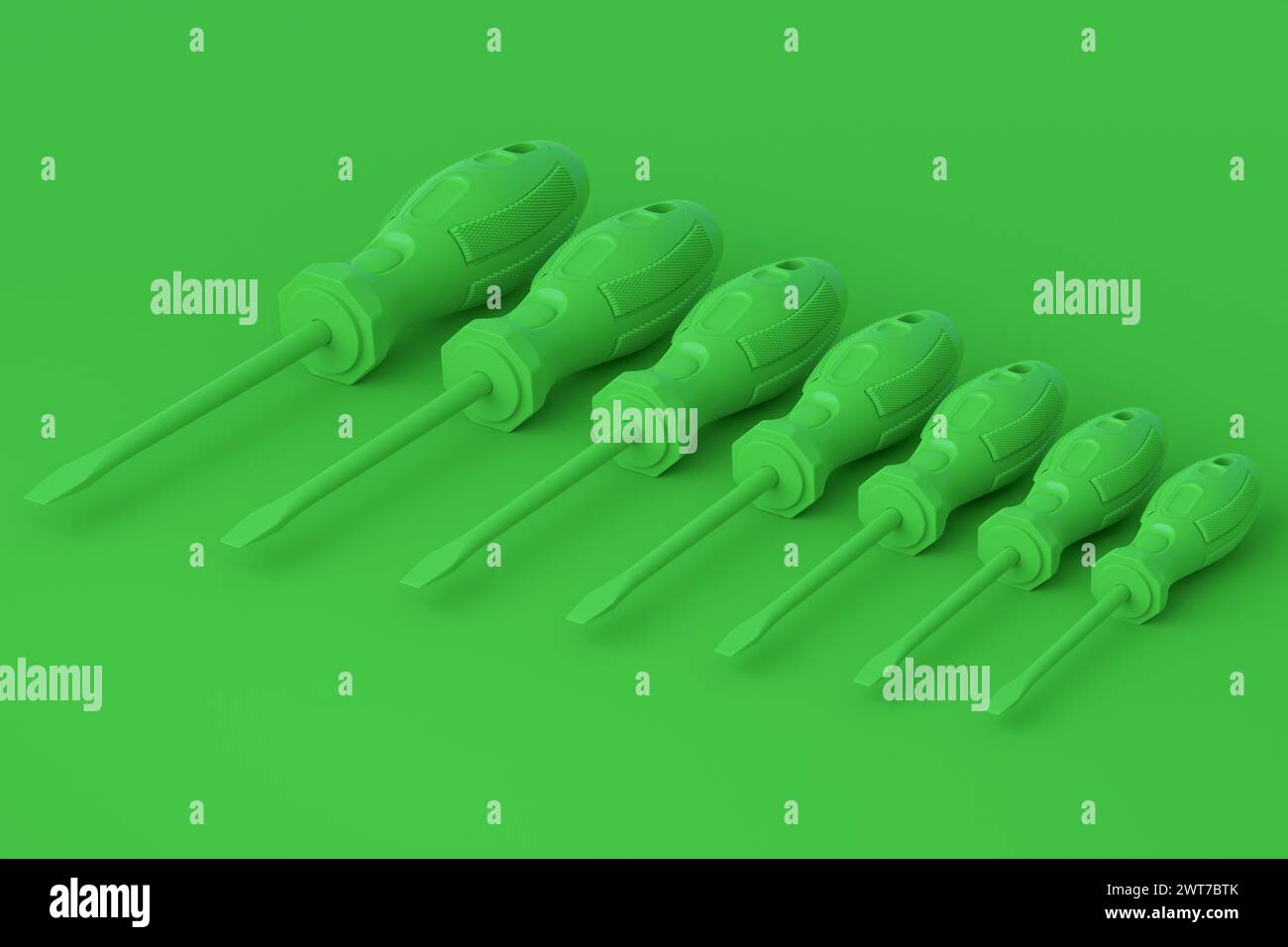 Set of monochrome screwdriver on multicolor background top view. 3d ...