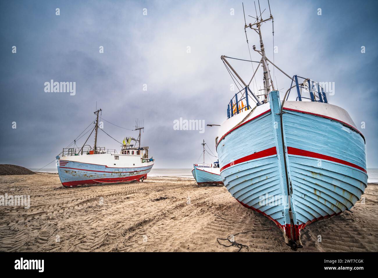Thorup beach with active fishing vessels cutters, in Thy, Denmark Stock ...