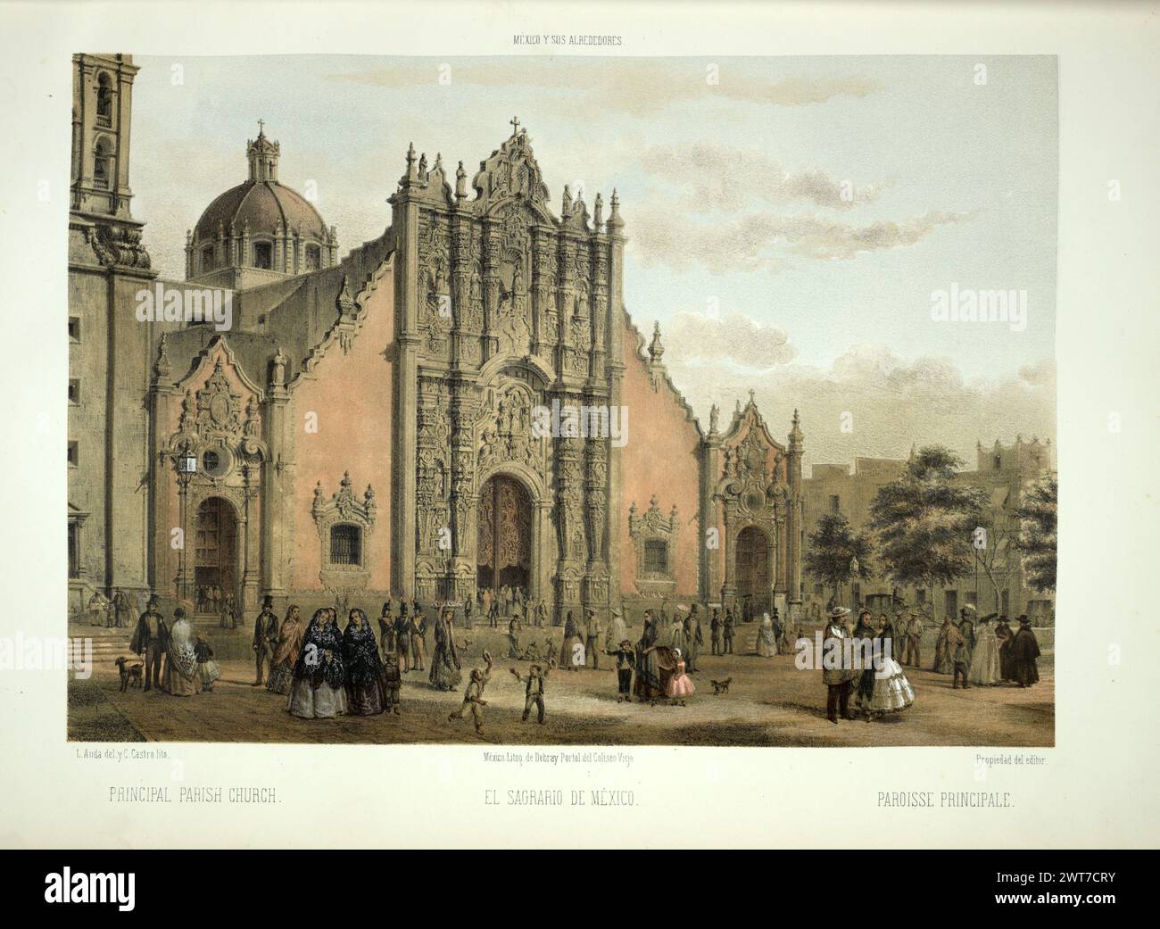 El Sagario de Mexico. The main Parish church with people gathering ...