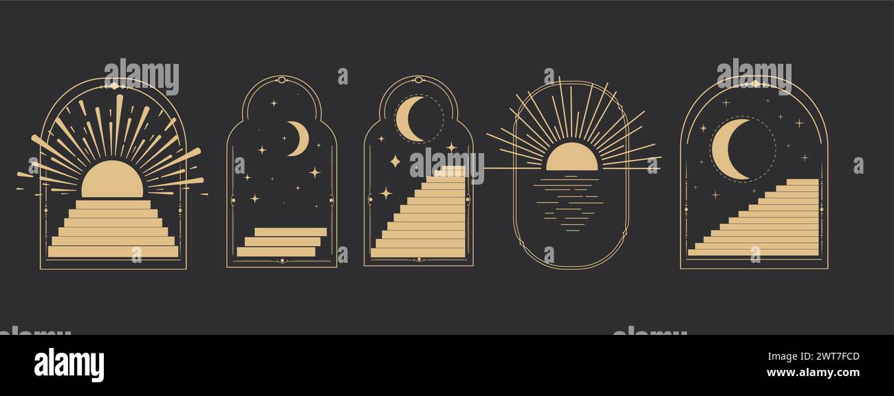 Set arch window line frame celestial, mystic with staircase, astrology ...