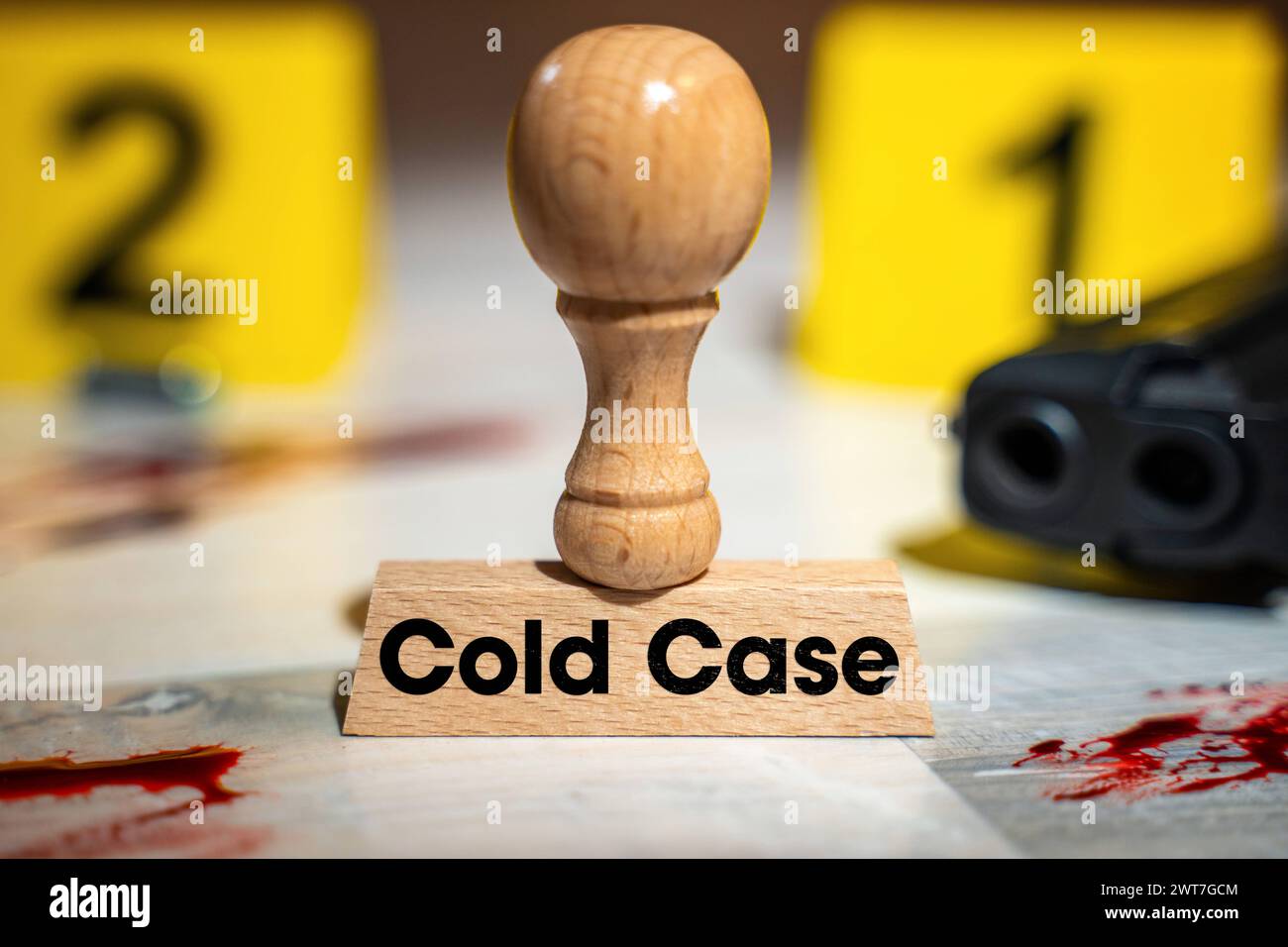 16 March 2024: Stamp made of wood with the inscription: Cold Case, at a ...