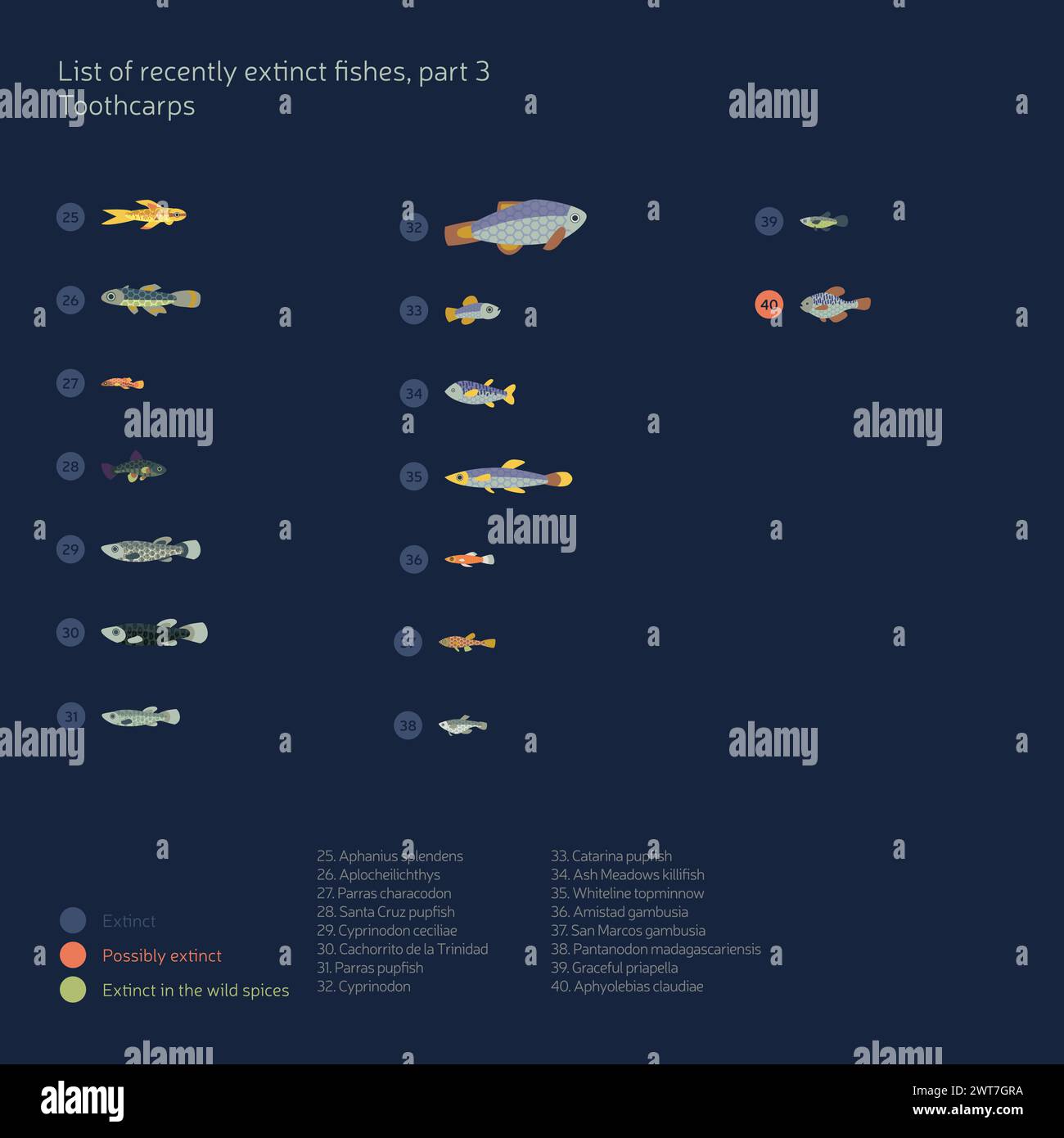 A vector flat fishes set - numbered list of recently extinct fishes on ... A vector flat fishes set - numbered list of recently extinct fishes on ...