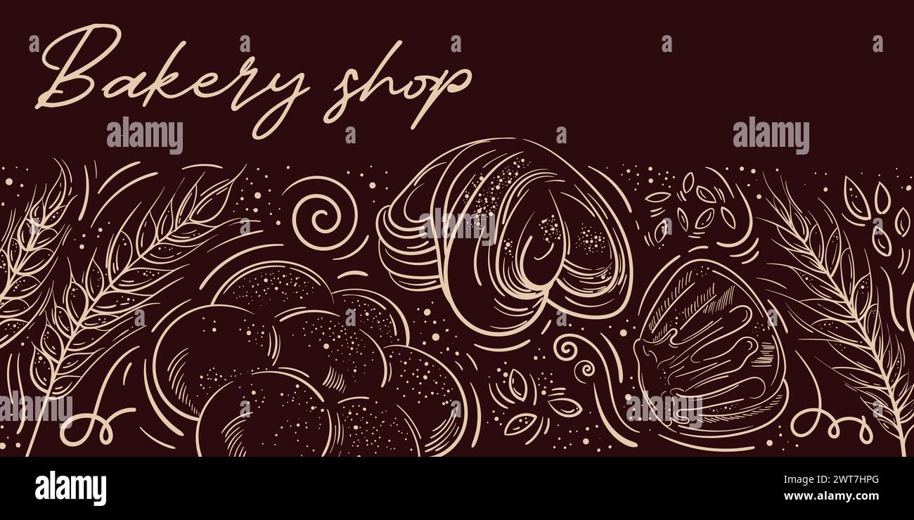 Bakery brown background. Linear graphic. Bread and pastry collection ...