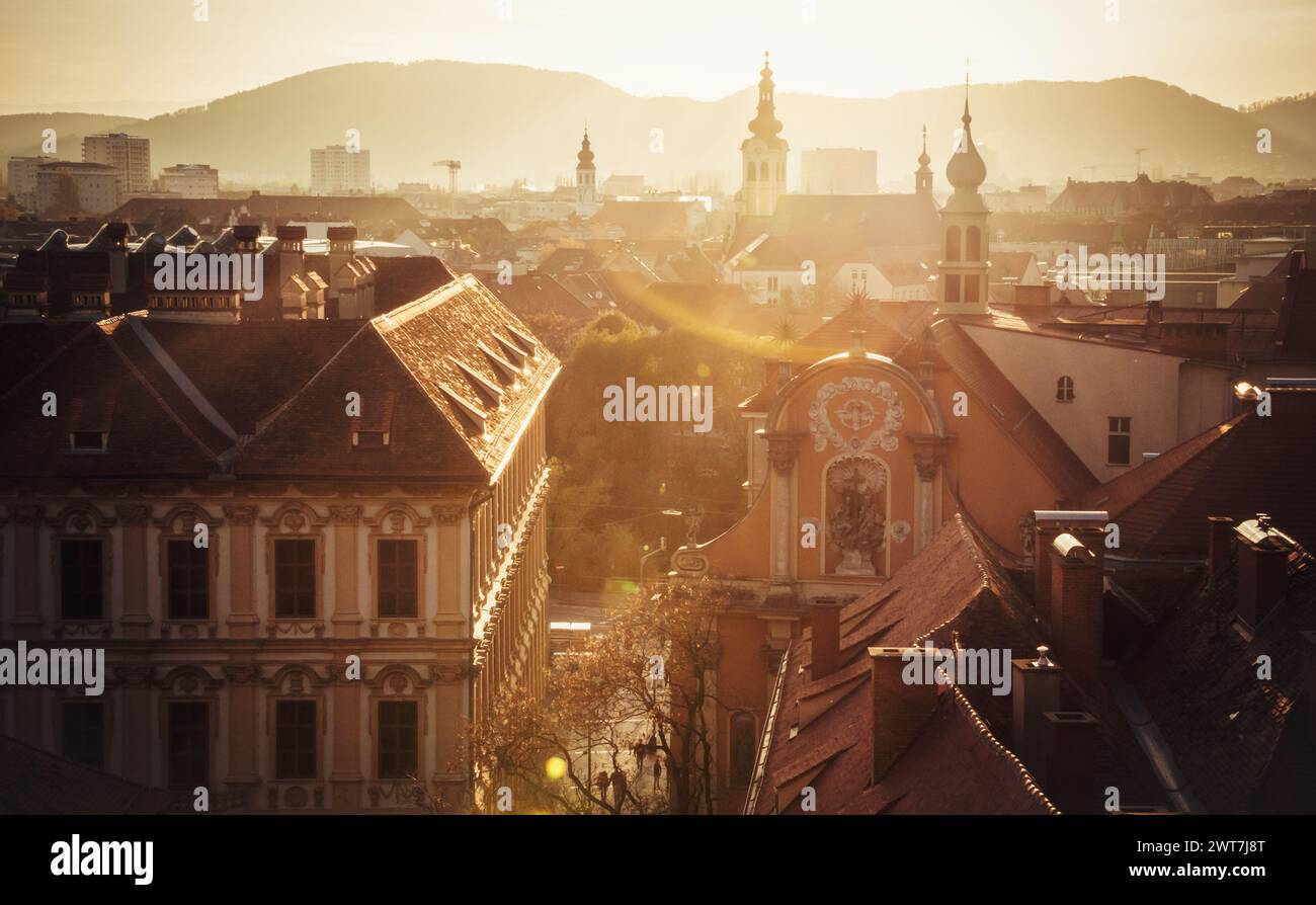 Aerial view of Graz rooftops at sunset. City overview from Kriegssteig ...
