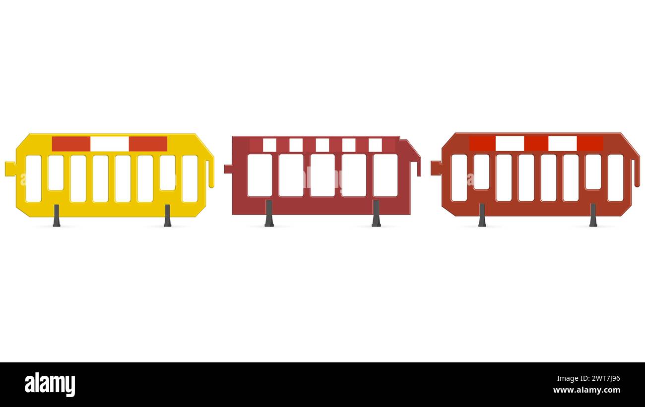 Set of plastic portable road barriers isolated on a white background ...
