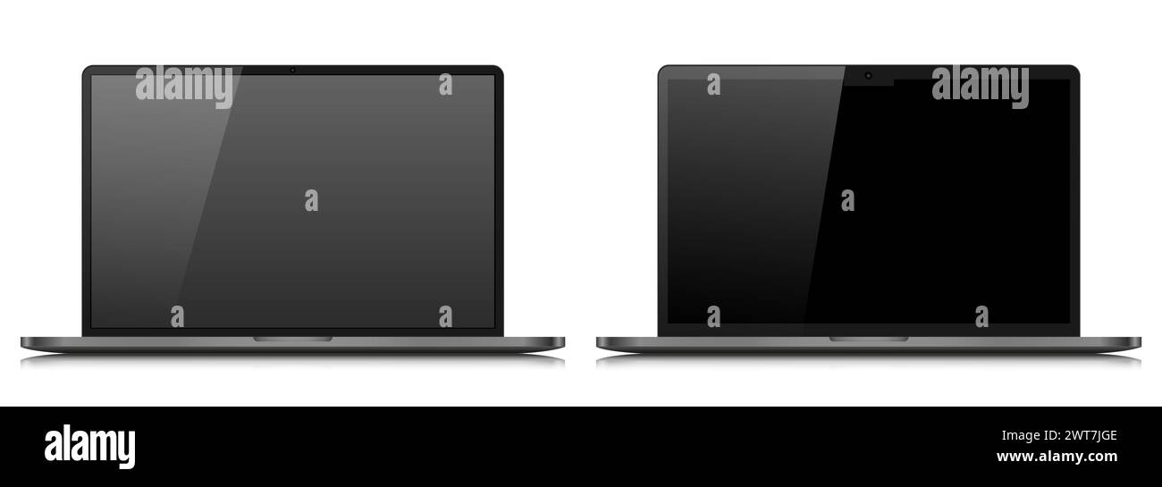 A set of realistic laptops in a metal case with reflection. Layouts of ...