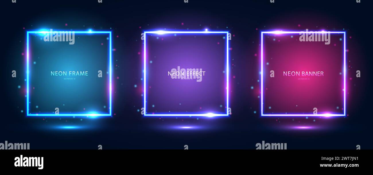 Square neon frames with shining effects, highlights and inscriptions on ...