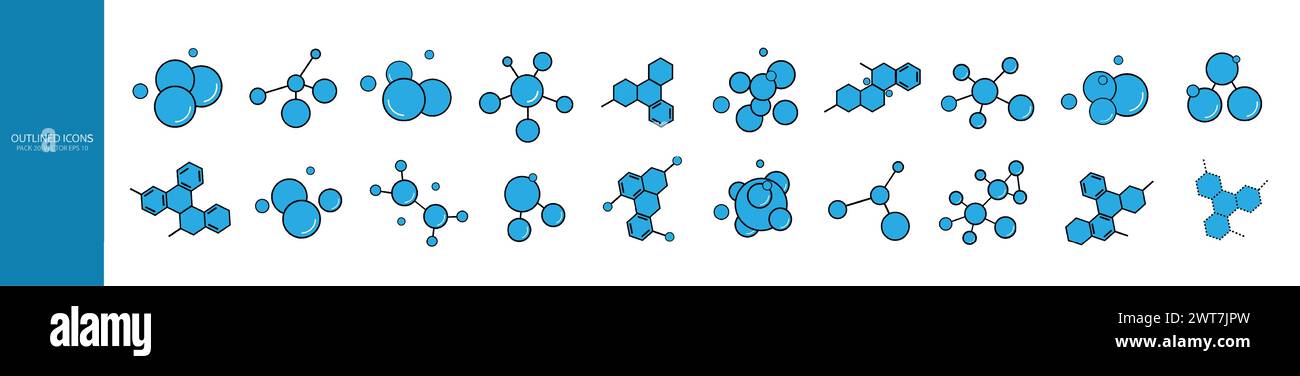 A set of molecules, chemical compounds and atoms of blue color on a ...