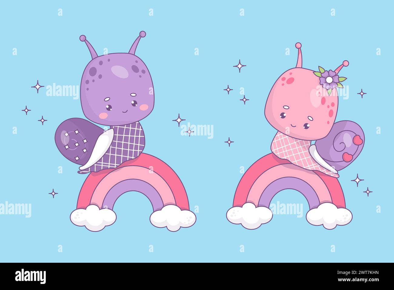 Cute snails girl and boy on rainbow. Isolated happy funny insect kawaii ...
