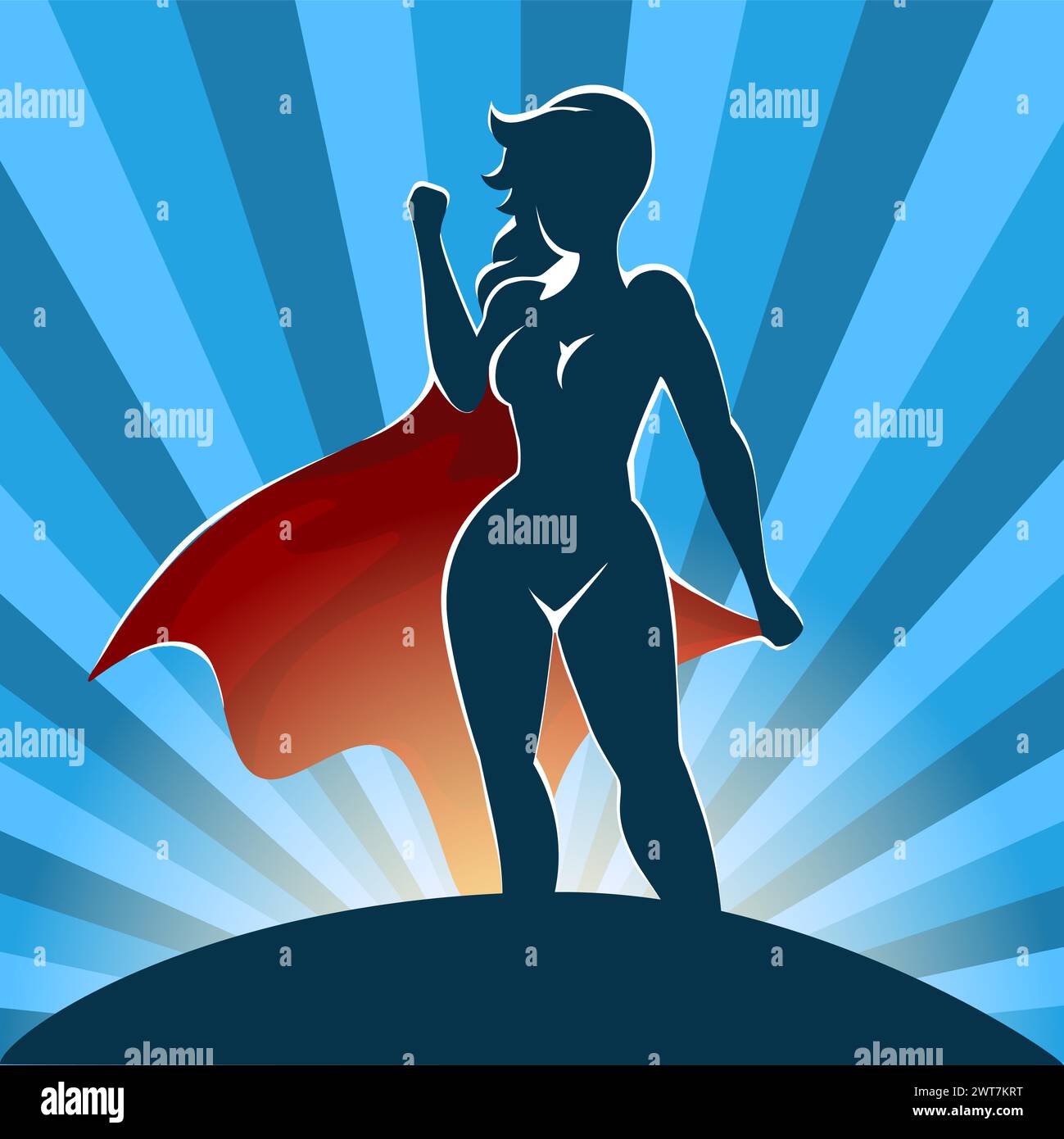 Female Superhero Silhouette in Red Cape Standing on Blue Burst background Vector illustration ...