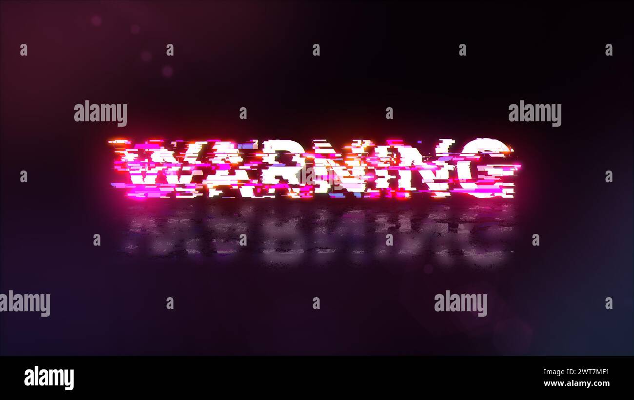 3D rendering warning text with screen effects of technological failures ...