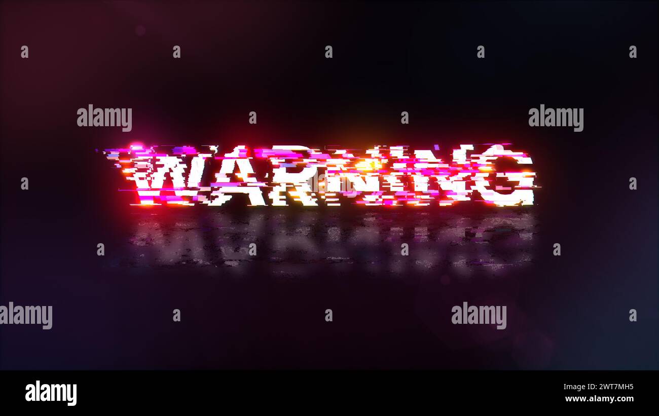3D rendering warning text with screen effects of technological failures ...