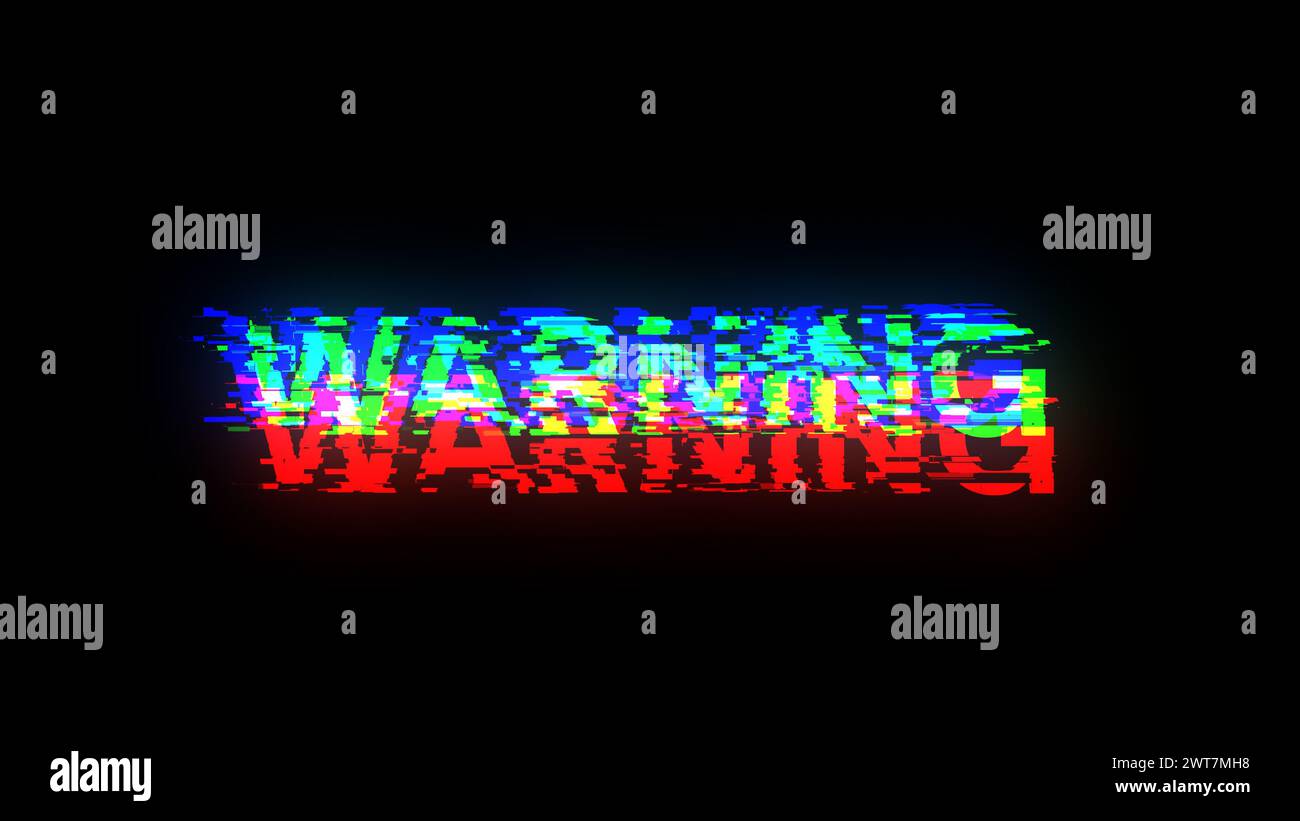 3D rendering warning text with screen effects of technological failures ...