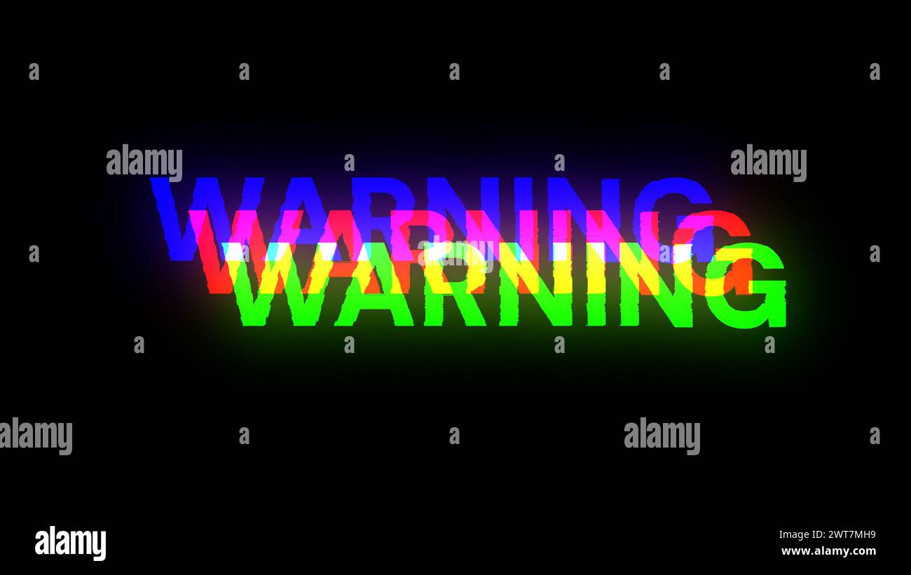 3D rendering warning text with screen effects of technological failures ...