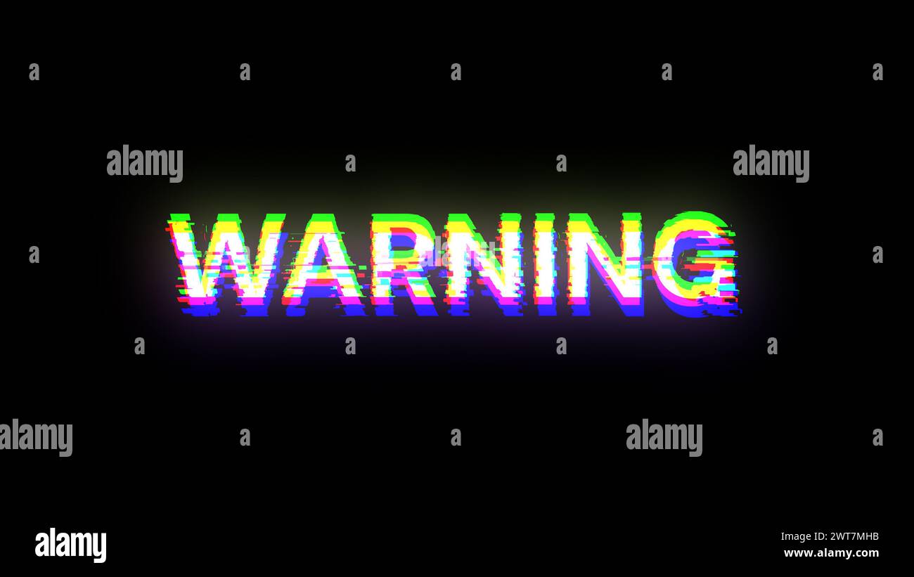 3D rendering warning text with screen effects of technological failures ...