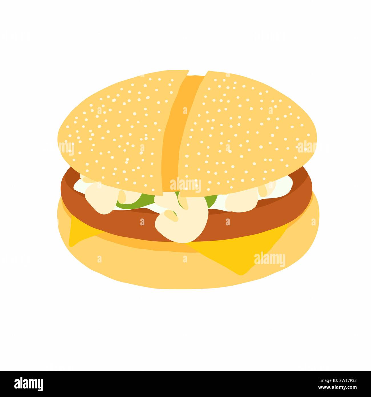 Burger with wheat panini bun, sauce, slices of cucumber, cheese and ...