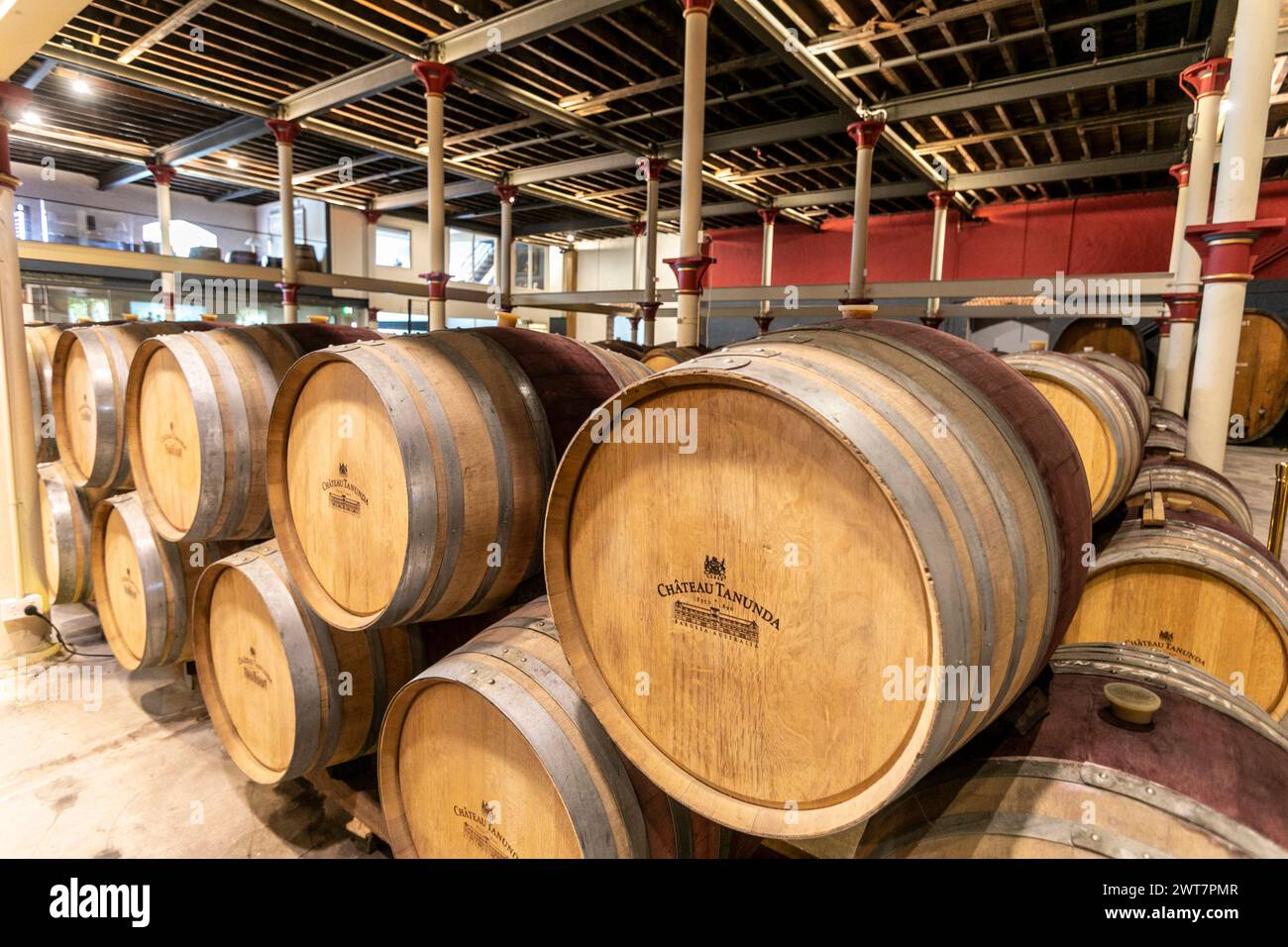 Chateau Tanunda vineyard and cellar door, wine stored in wooden barrels ...