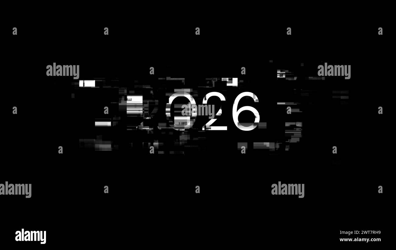3D rendering 2026 text with screen effects of technological failures. Spectacular screen glitch ...