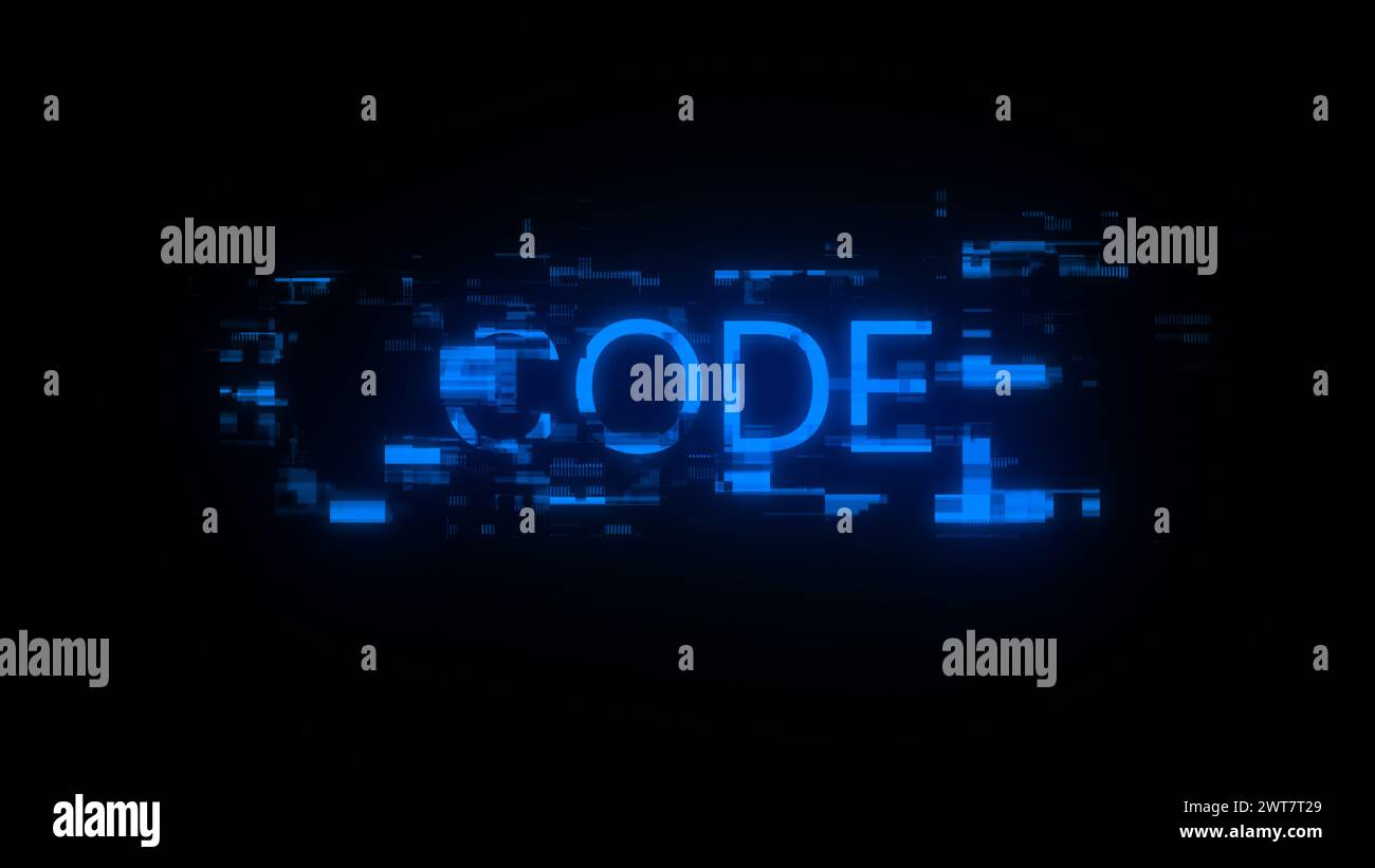 3D rendering code text with screen effects of technological failures ...
