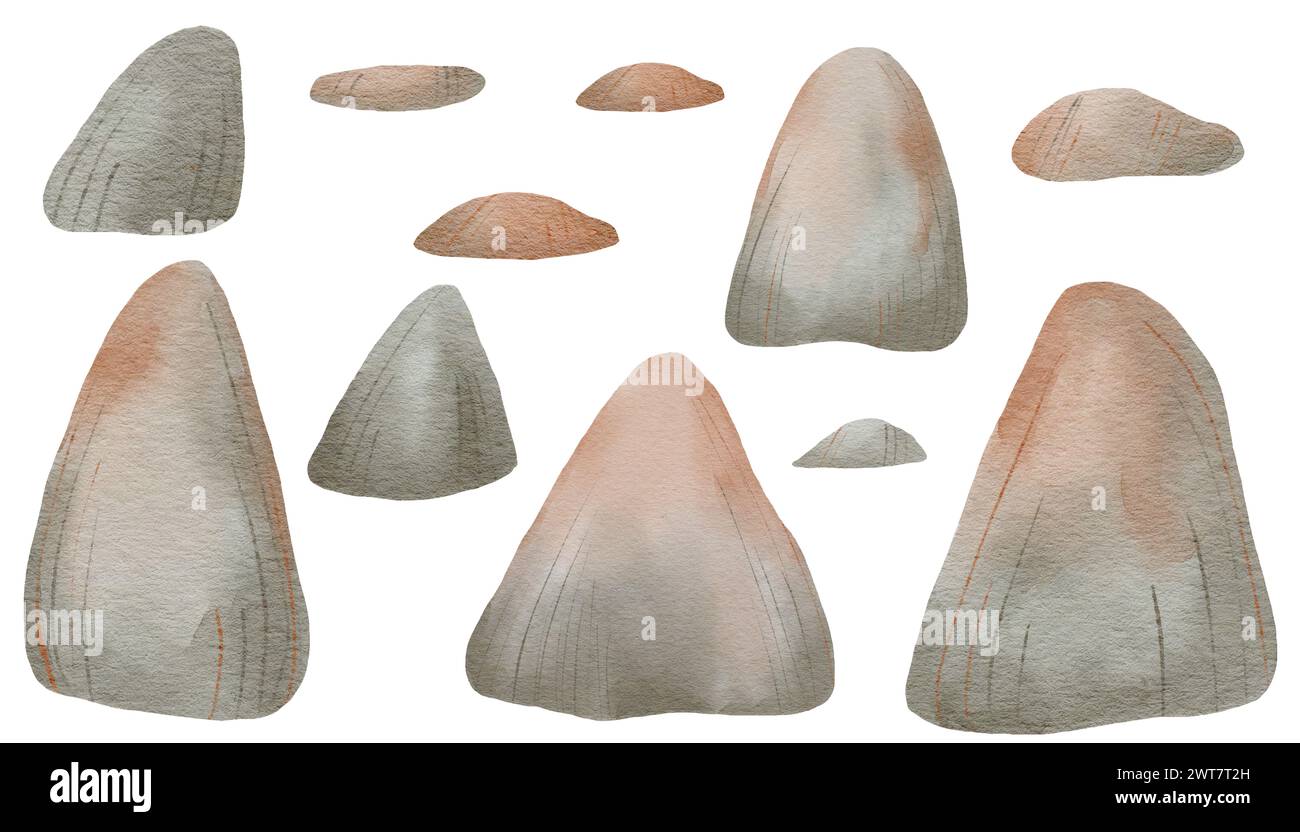 Rock Watercolor clip art Set. Hand drawn on isolated background. Stone ...