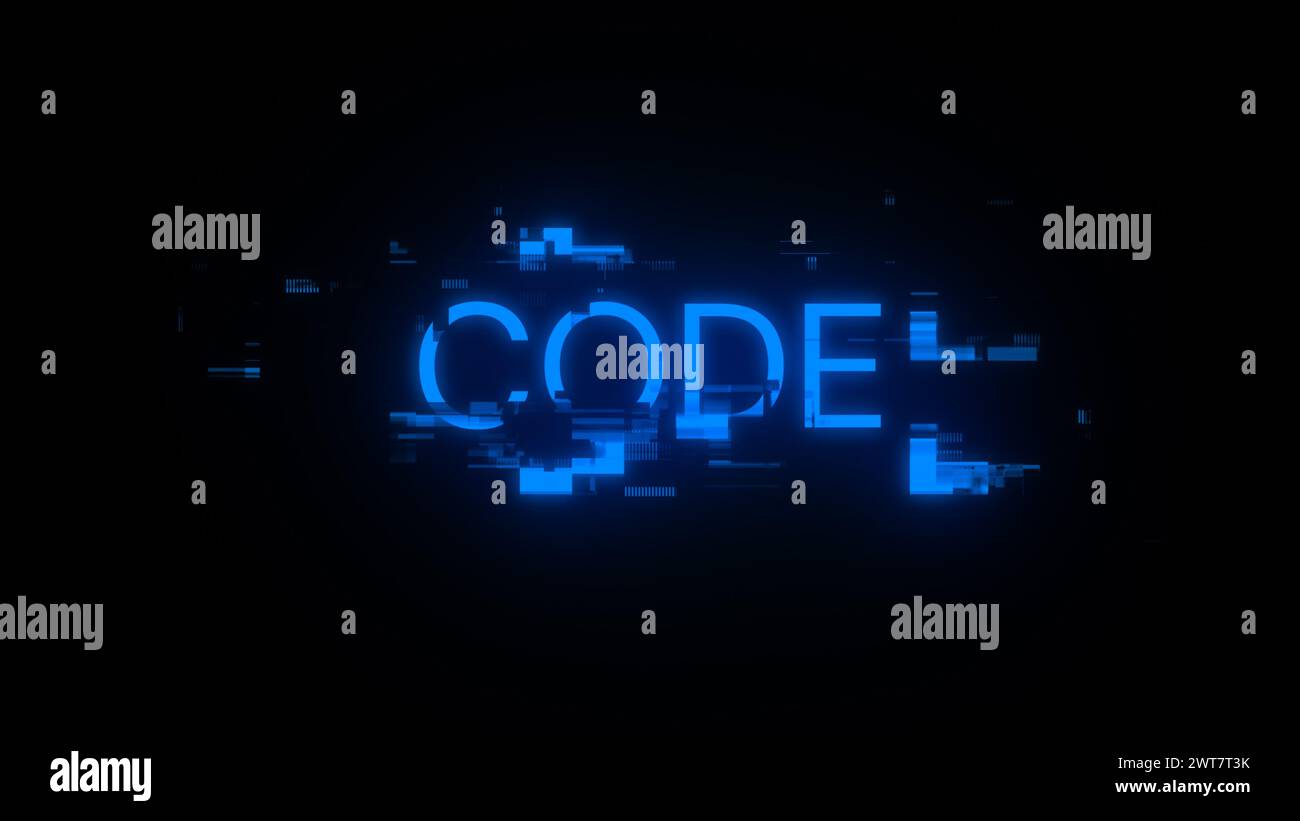 3D rendering code text with screen effects of technological failures ...