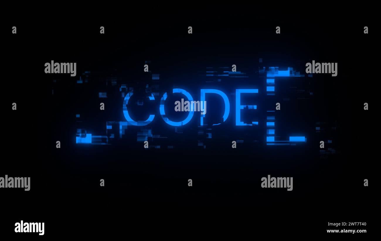 3D rendering code text with screen effects of technological failures ...