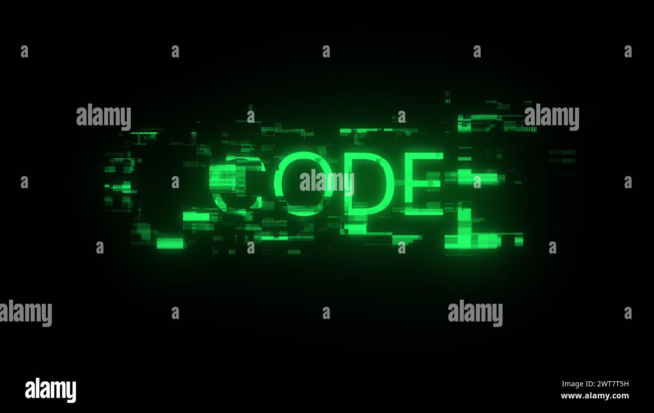 3D rendering code text with screen effects of technological failures ...