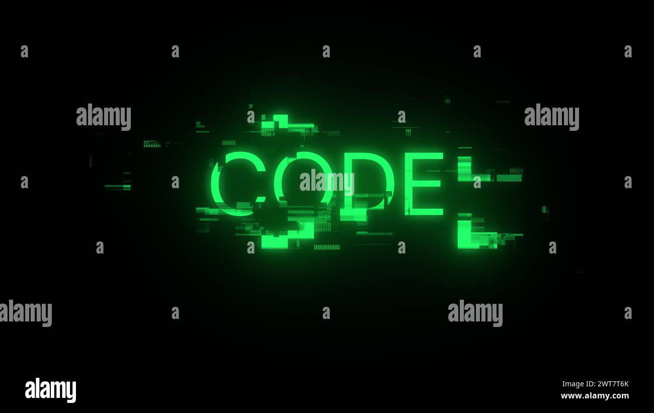 3D rendering code text with screen effects of technological failures ...