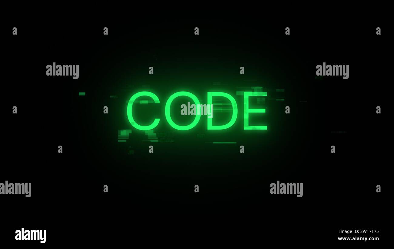 3D rendering code text with screen effects of technological failures ...