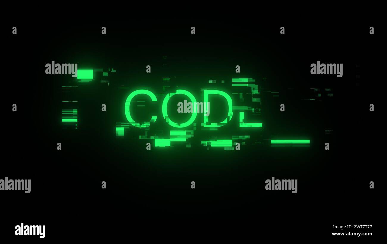 3D rendering code text with screen effects of technological failures ...
