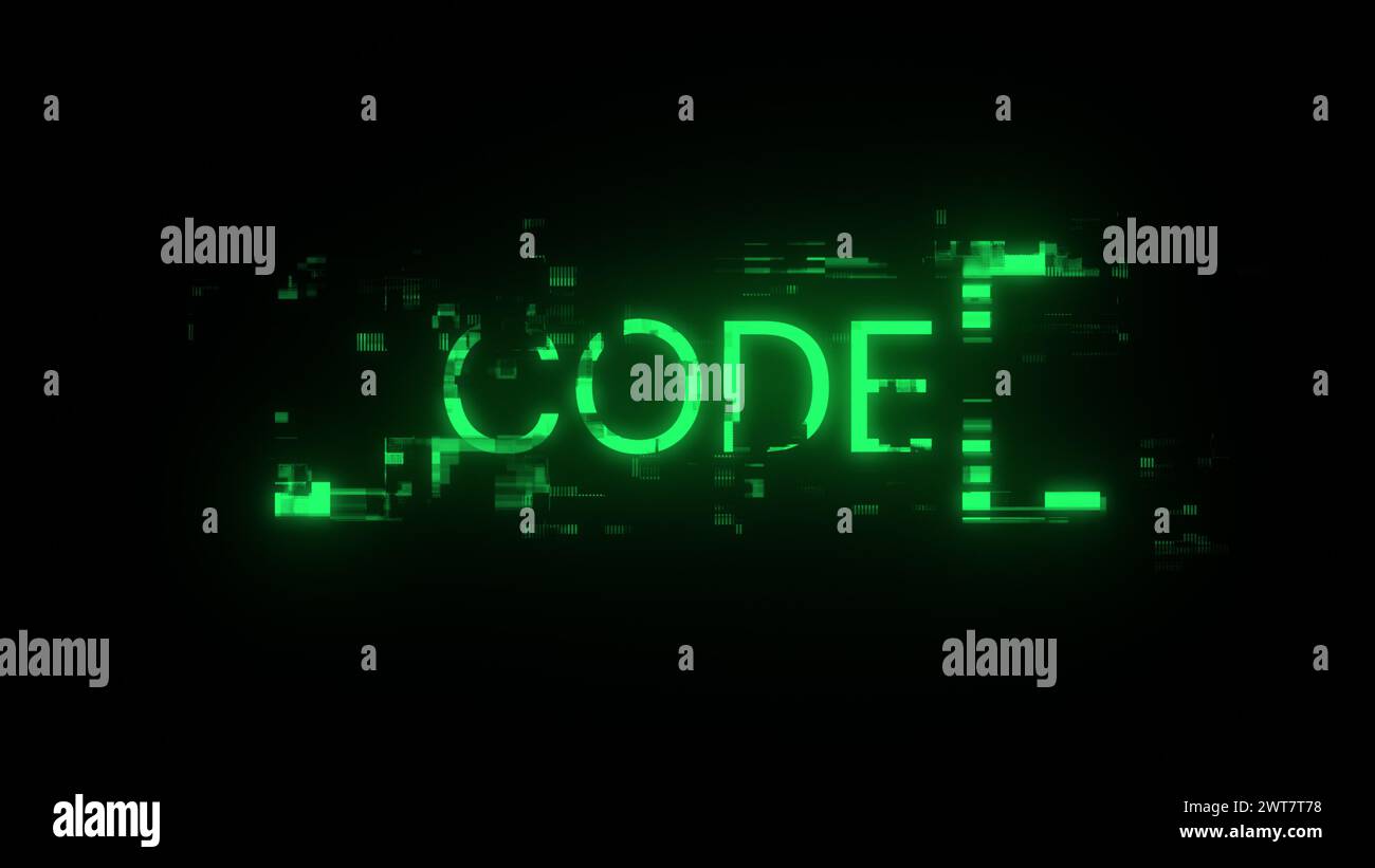 3D rendering code text with screen effects of technological failures ...