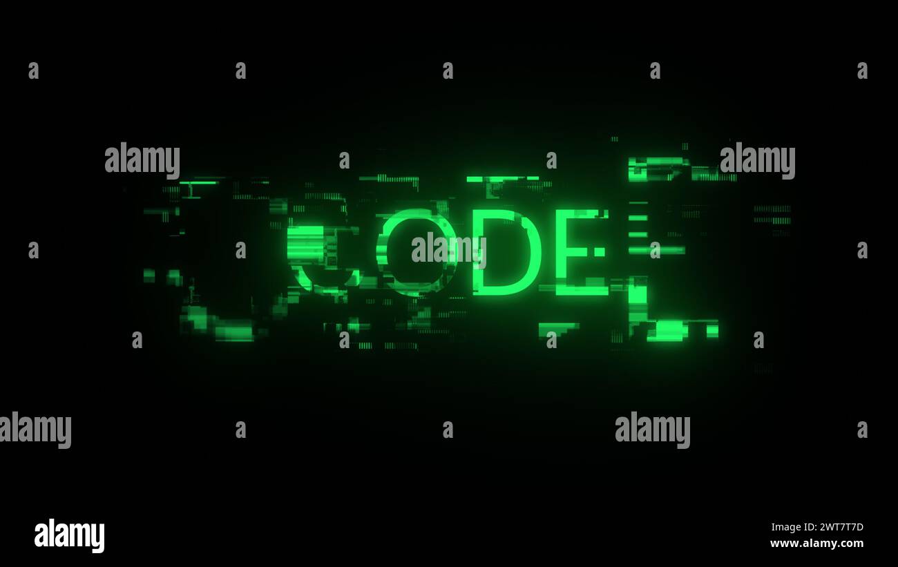 3D rendering code text with screen effects of technological failures. Spectacular screen glitch ...