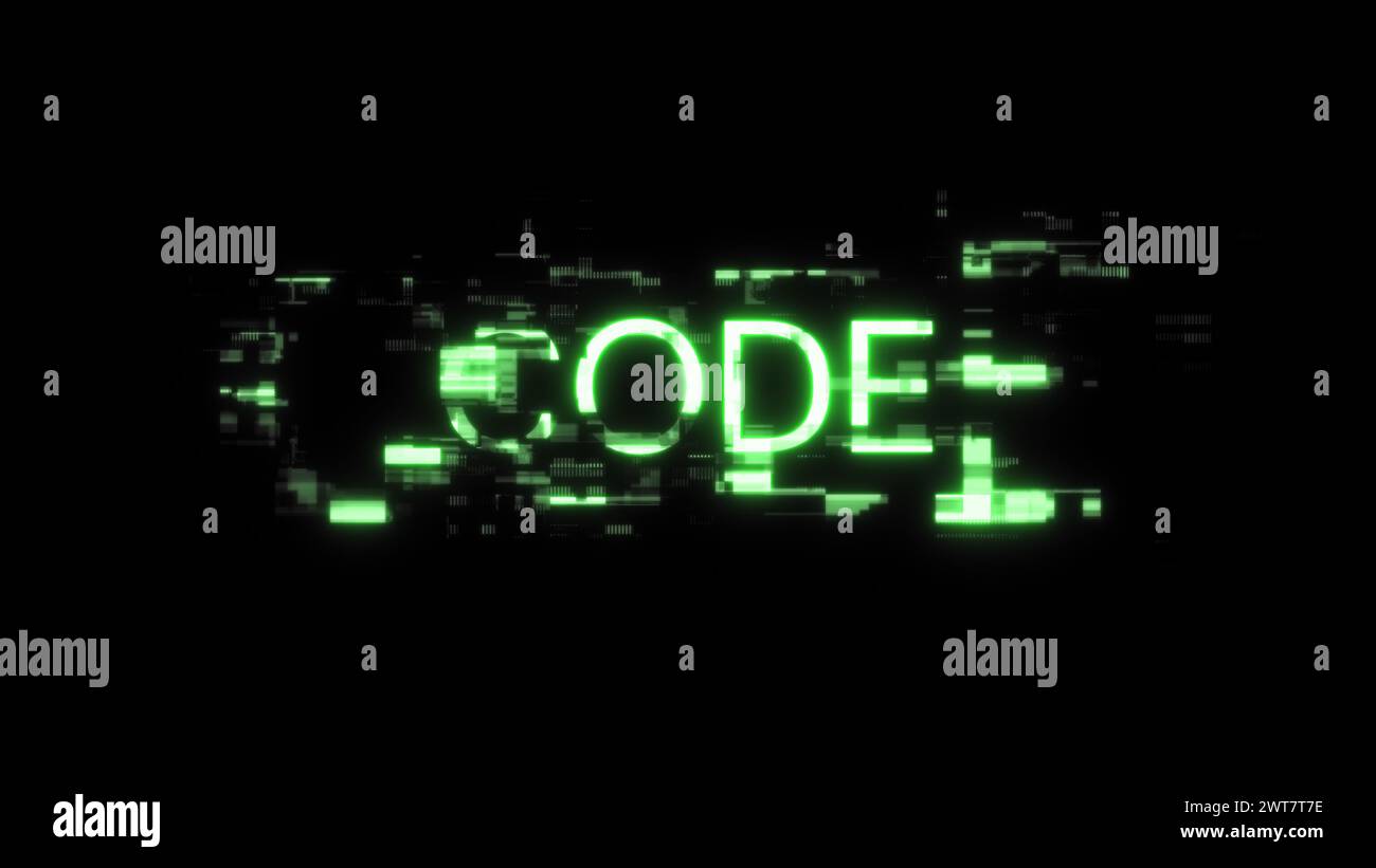 3D rendering code text with screen effects of technological failures ...