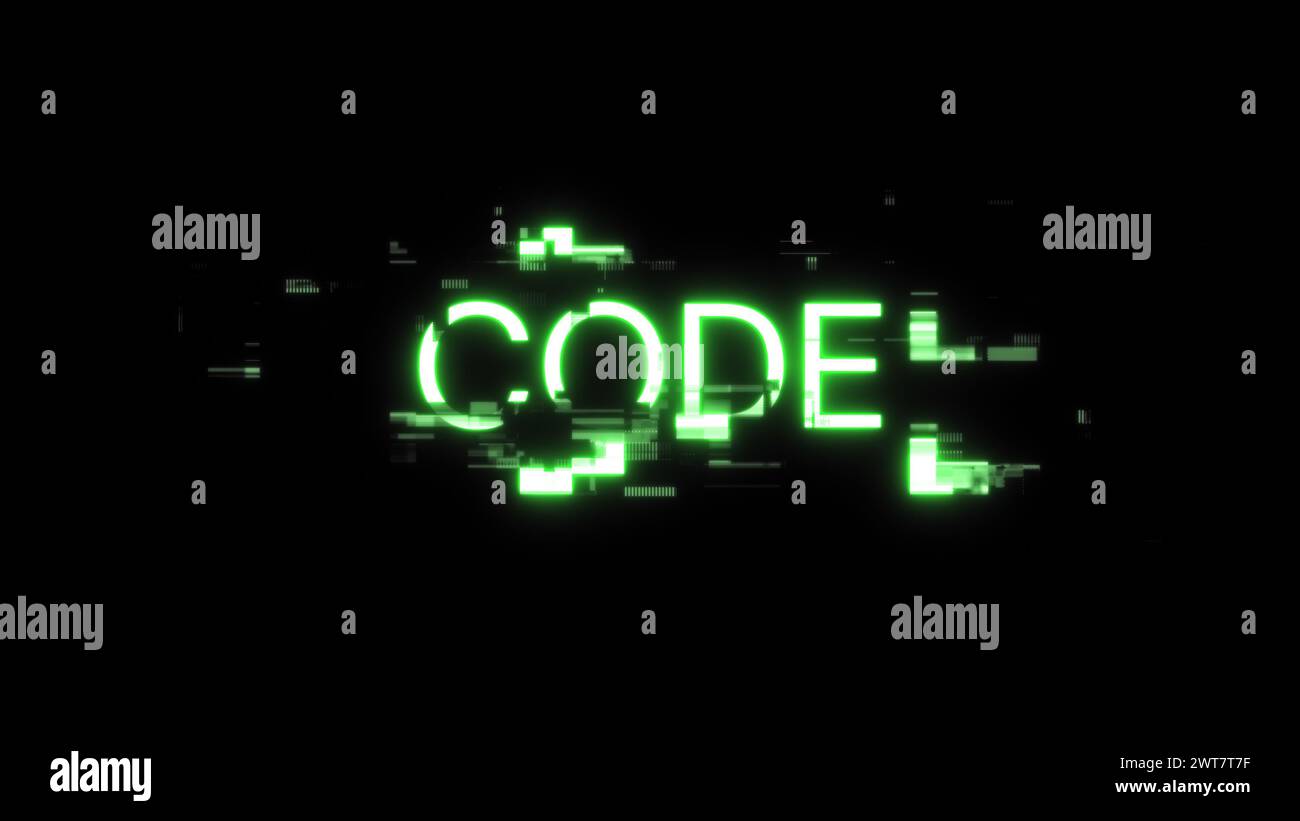 3D rendering code text with screen effects of technological failures ...