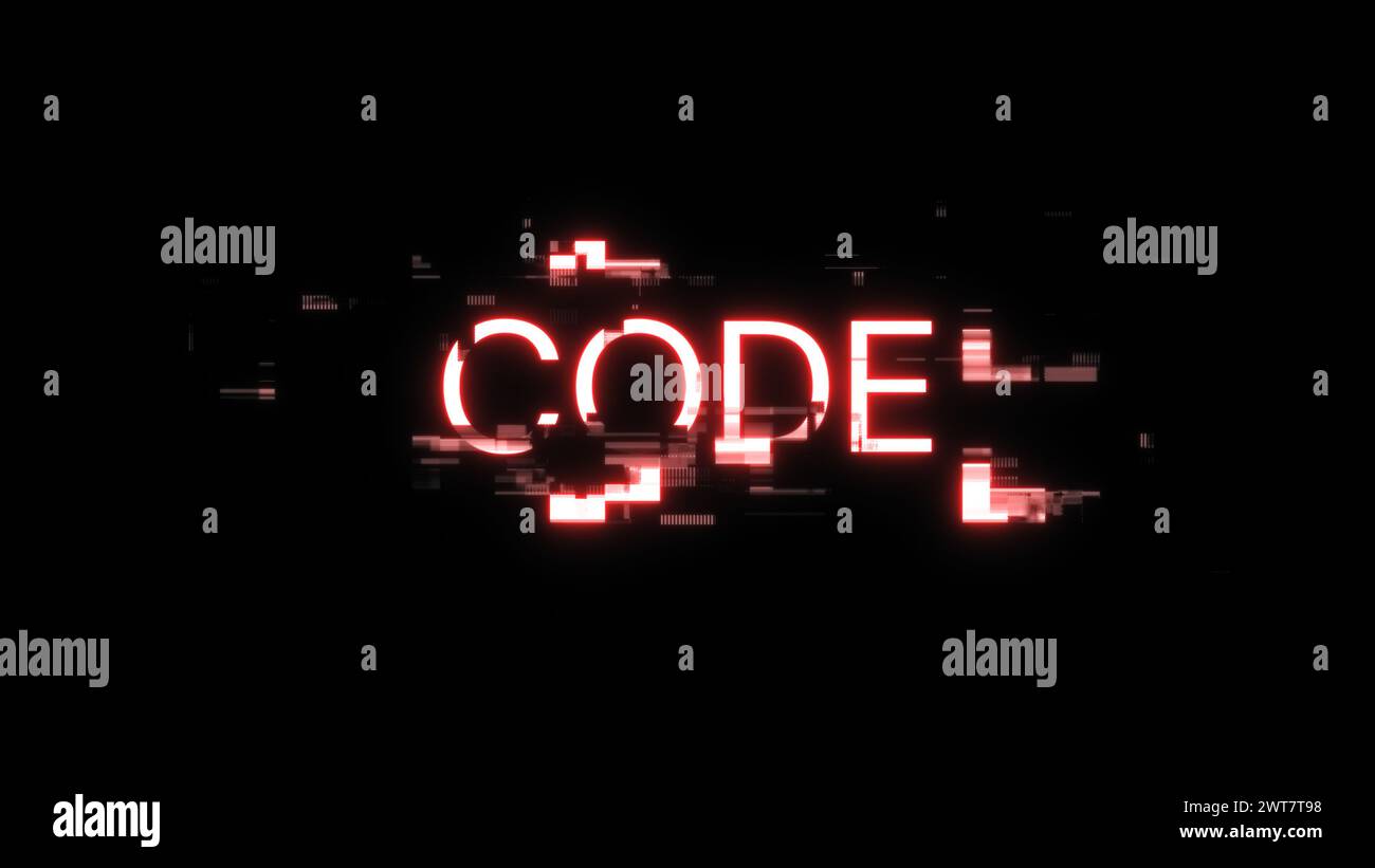 3D rendering code text with screen effects of technological failures ...