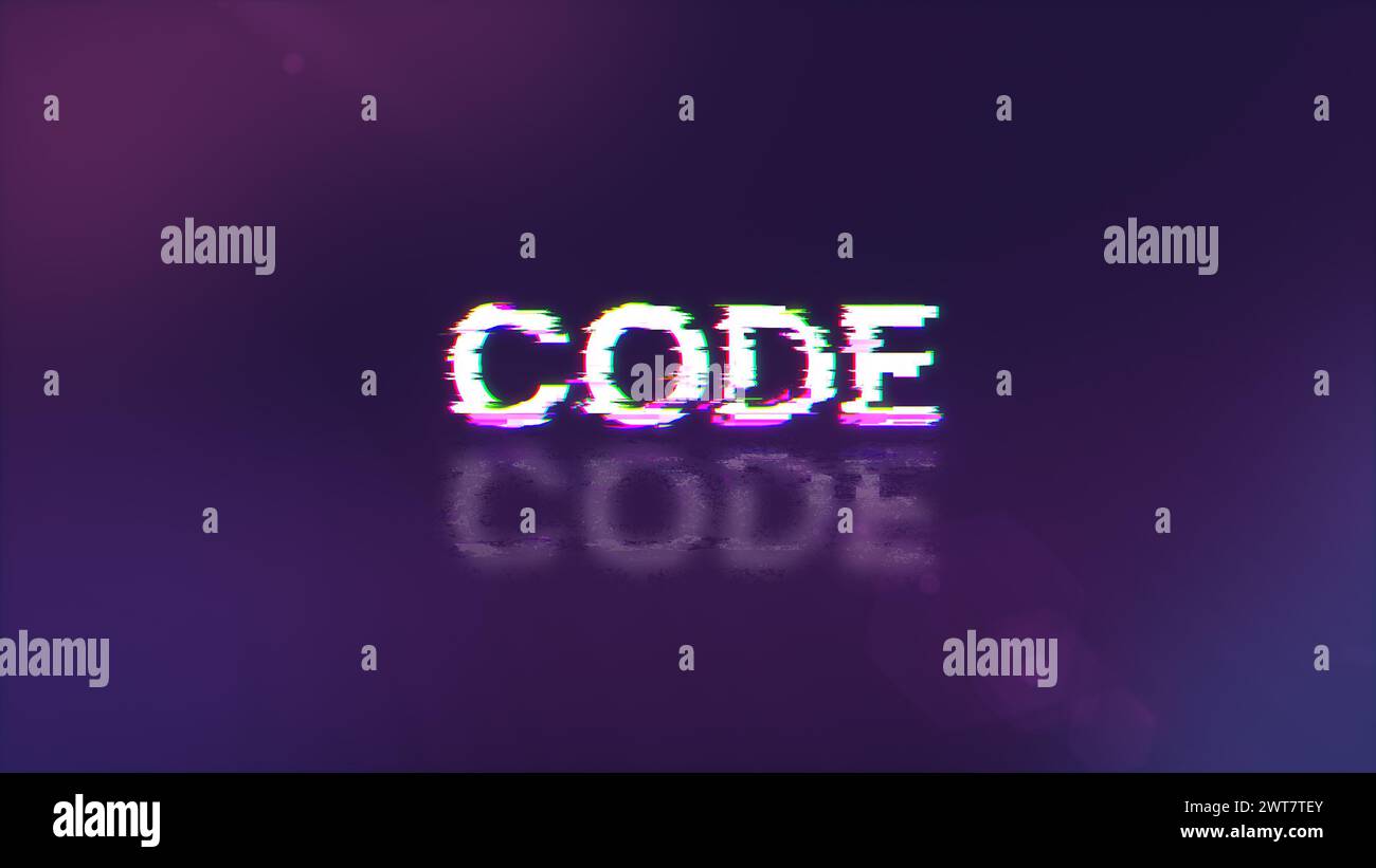 3D rendering code text with screen effects of technological failures. Spectacular screen glitch ...