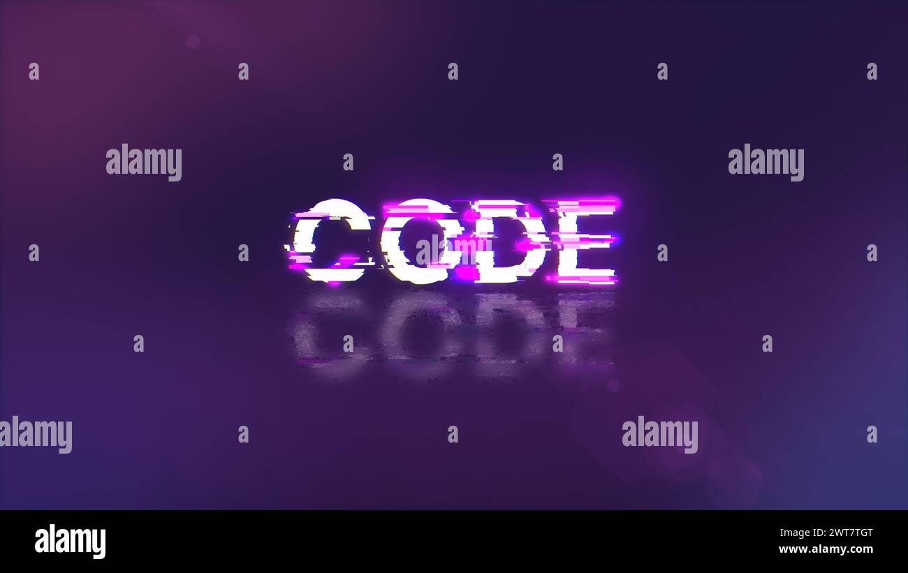 3D rendering code text with screen effects of technological failures ...