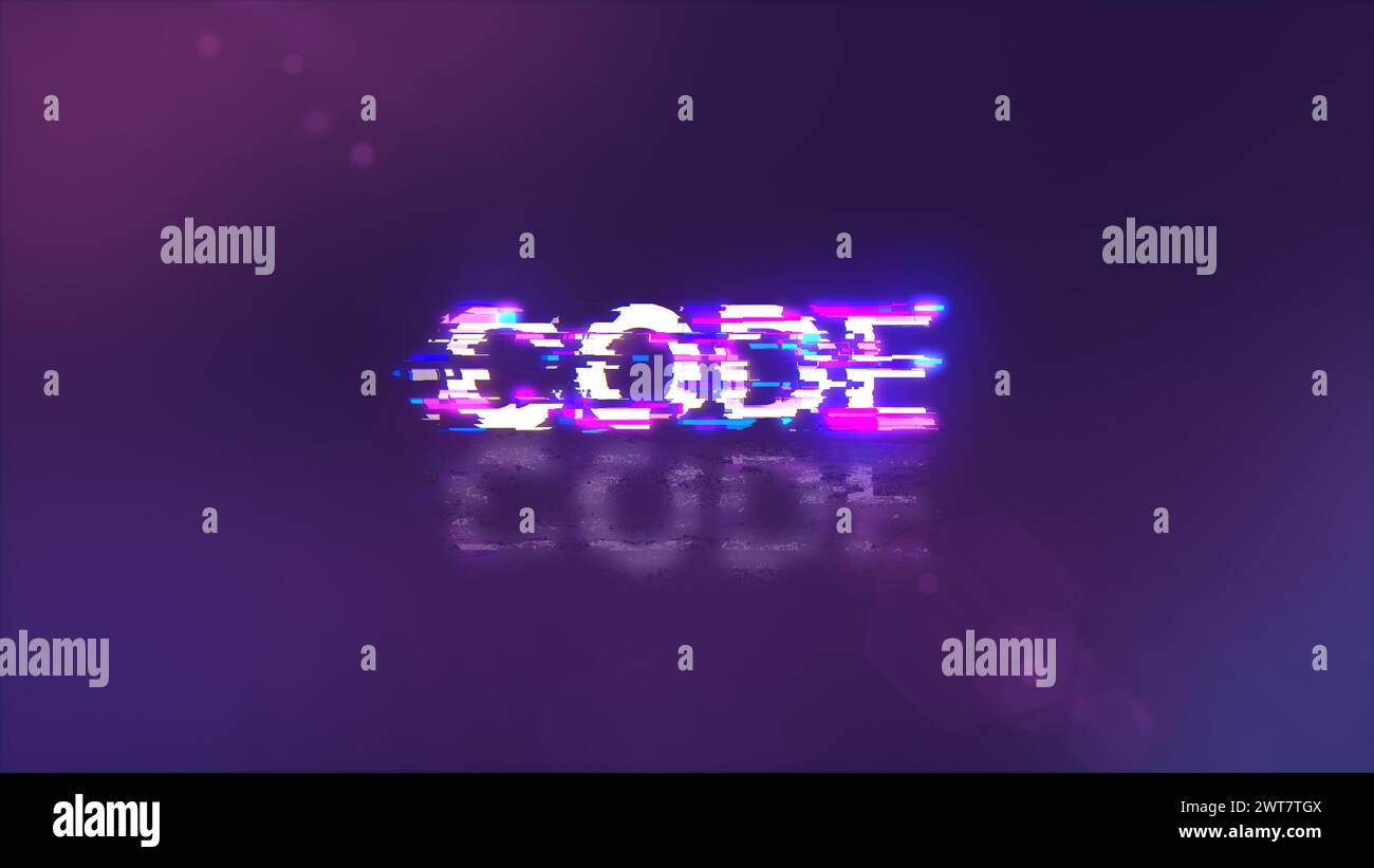 3D rendering code text with screen effects of technological failures ...