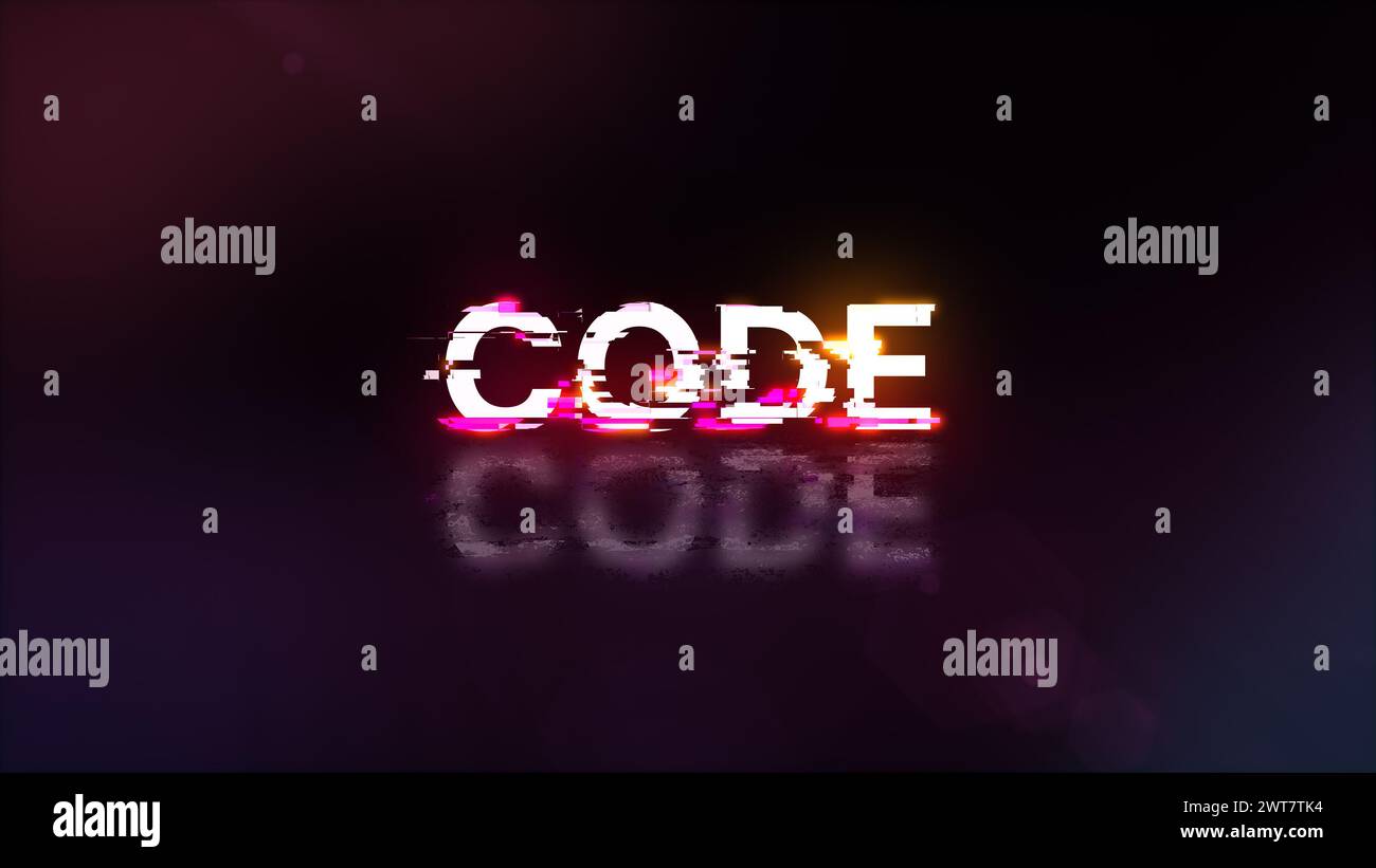 3D rendering code text with screen effects of technological failures ...