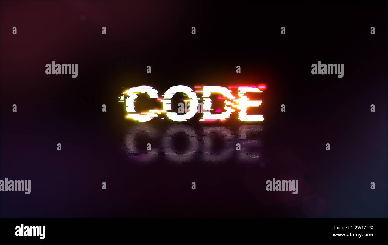 3D rendering code text with screen effects of technological failures ...