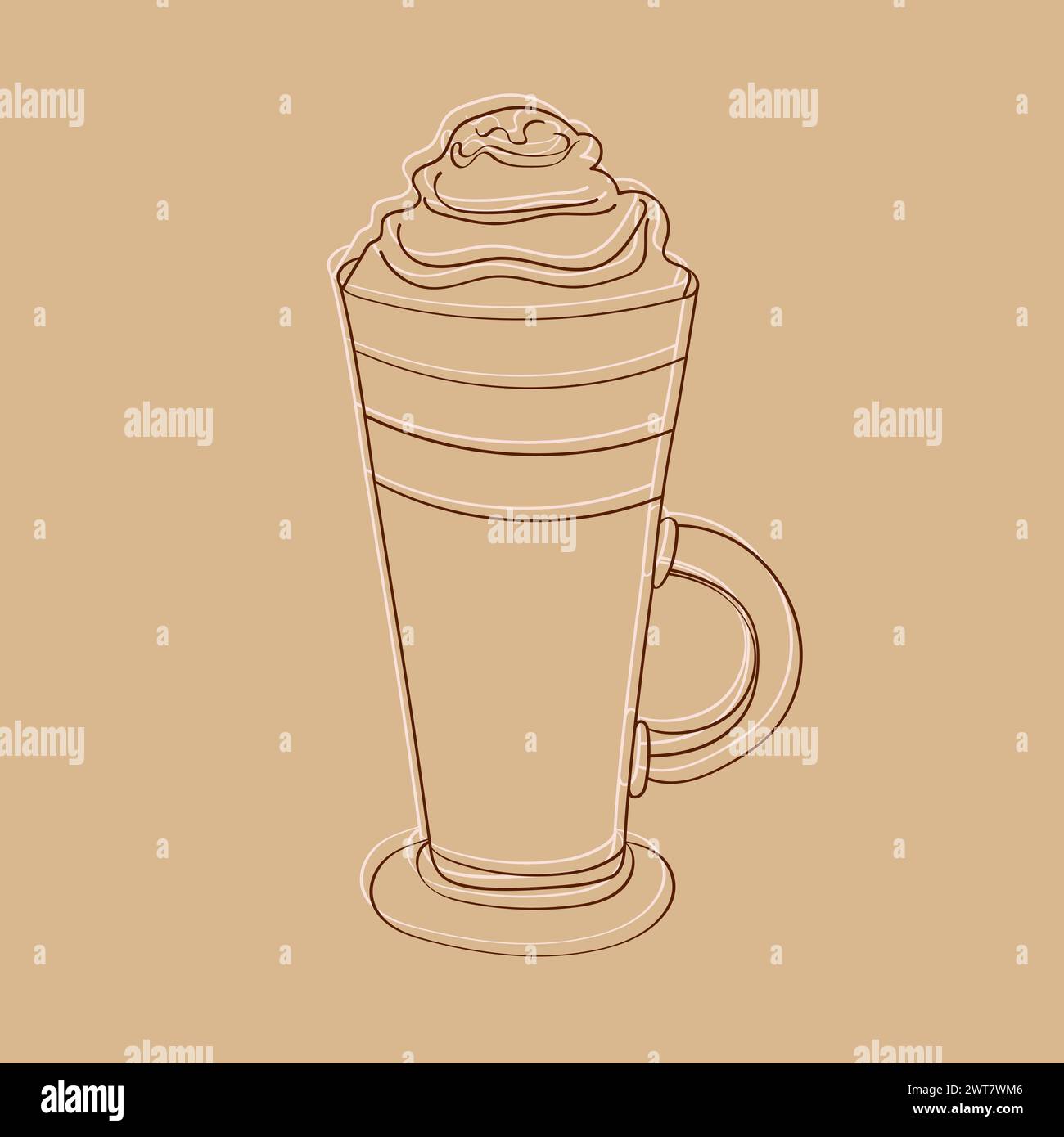 A hand-drawn illustration of a coffee cup on a brown background. The ...