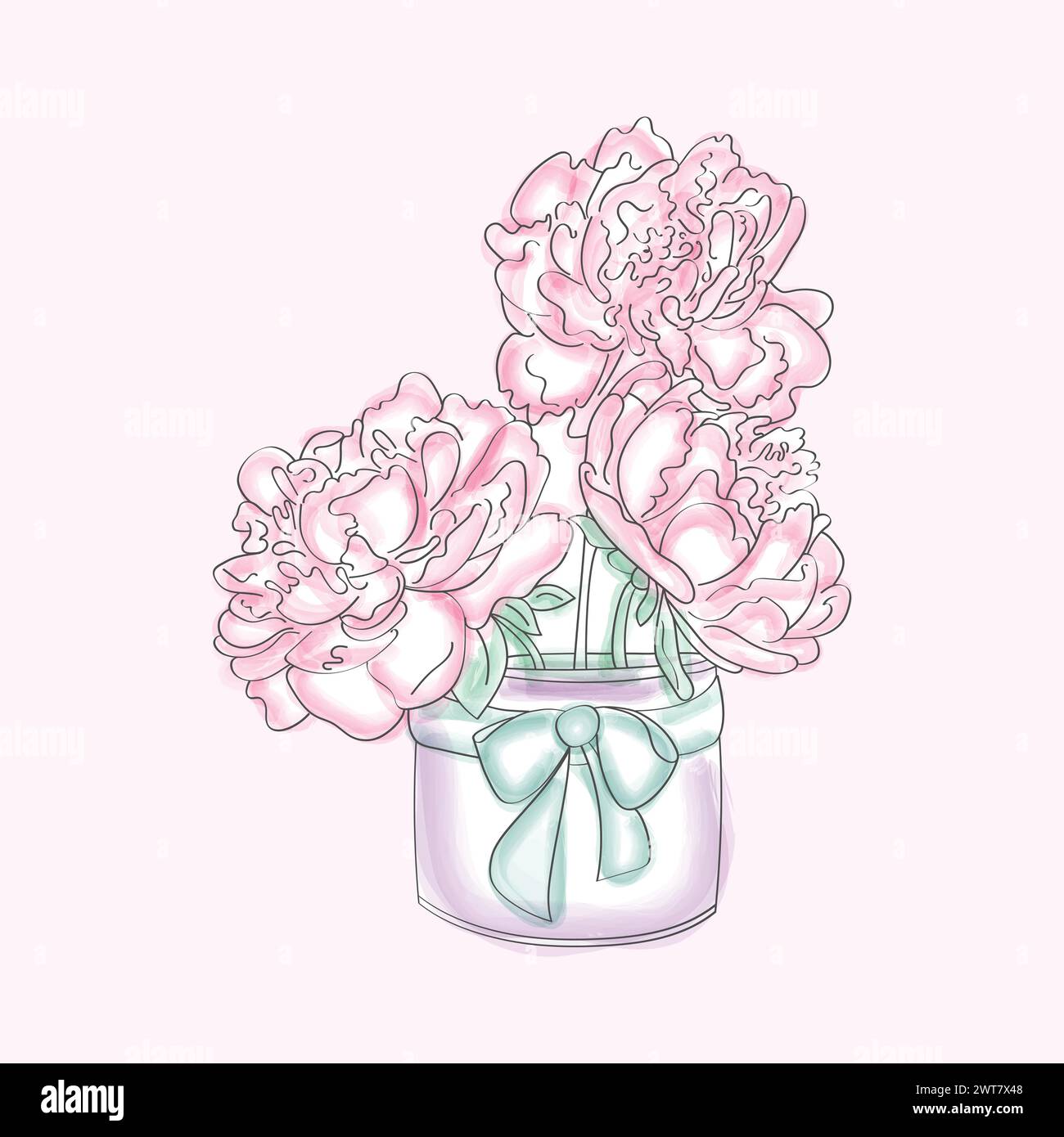 A detailed drawing of vibrant pink peonies in a clear glass vase ...